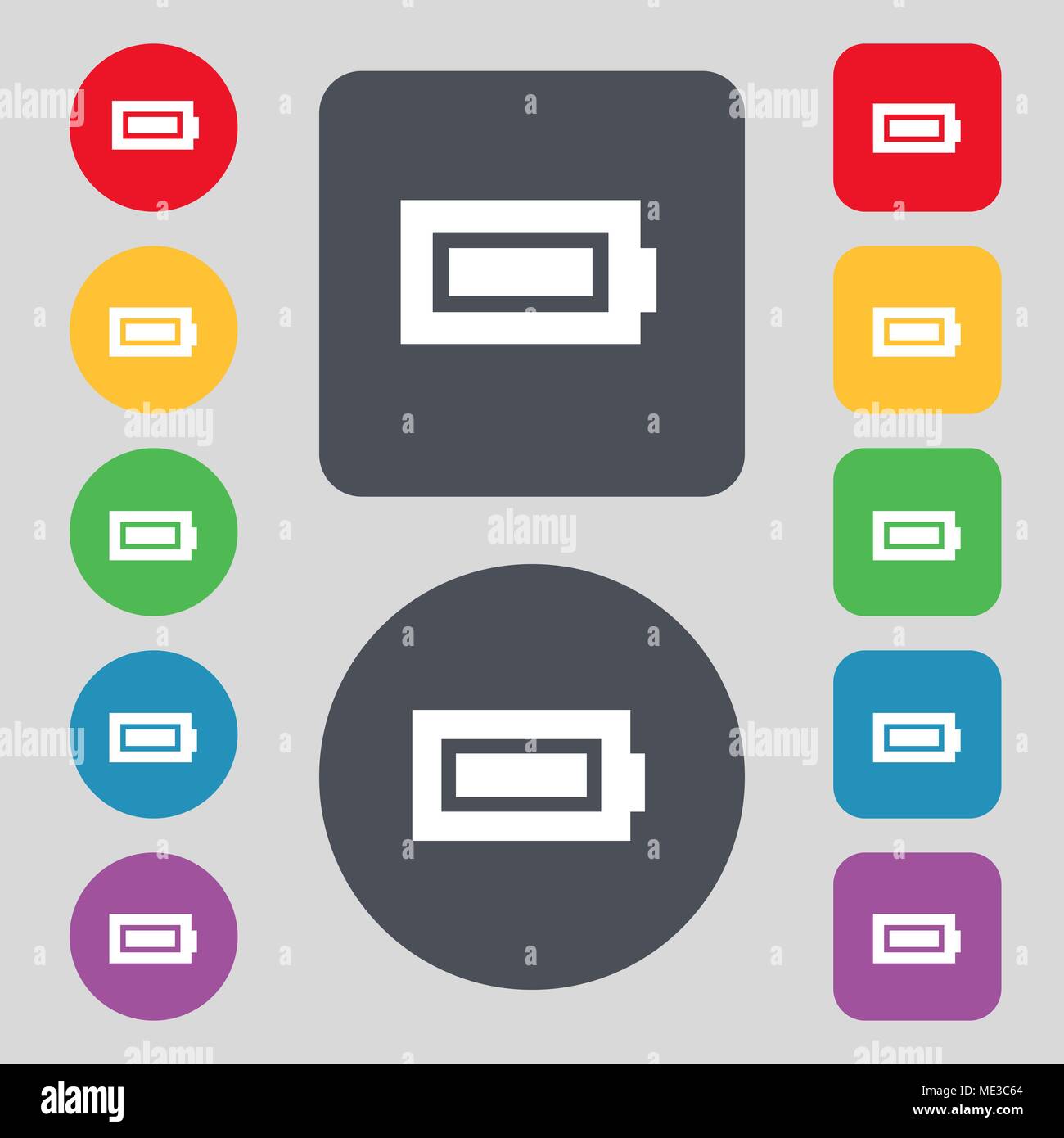 Battery fully charged icon sign. A set of 12 colored buttons. Flat ...