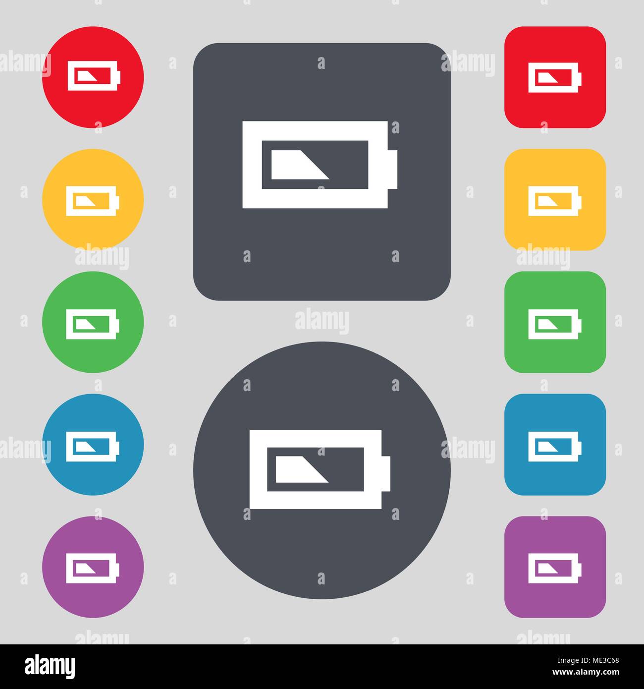 Battery half level icon sign. A set of 12 colored buttons. Flat design ...