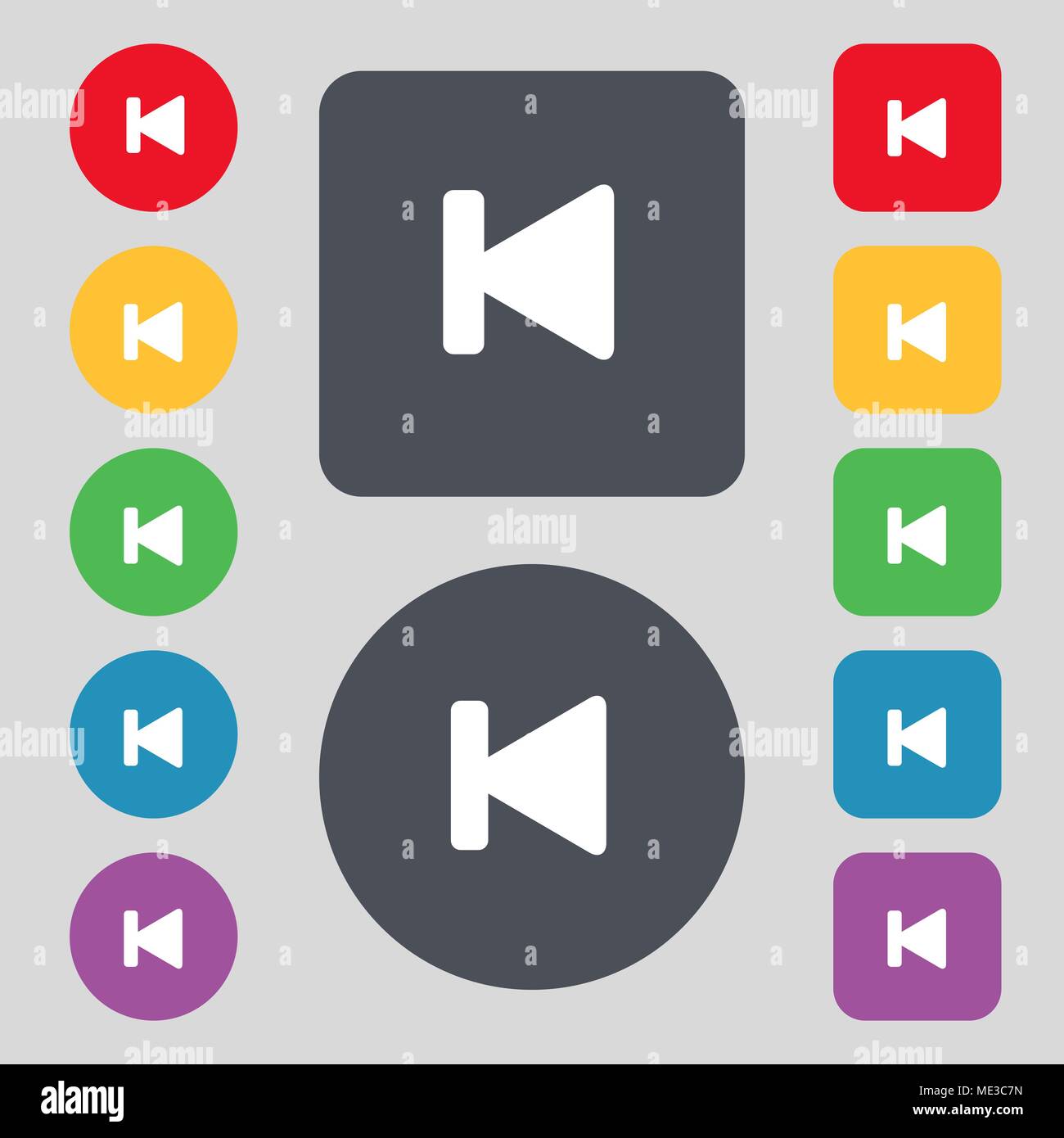 fast backward icon sign. A set of 12 colored buttons. Flat design ...