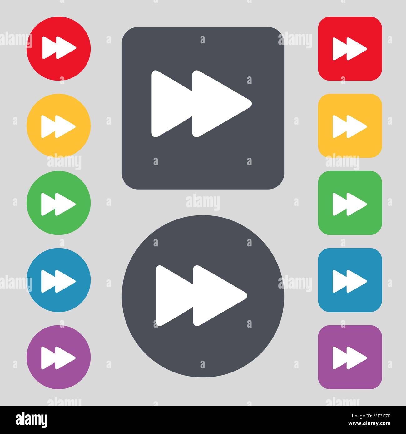 rewind icon sign. A set of 12 colored buttons. Flat design. Vector ...