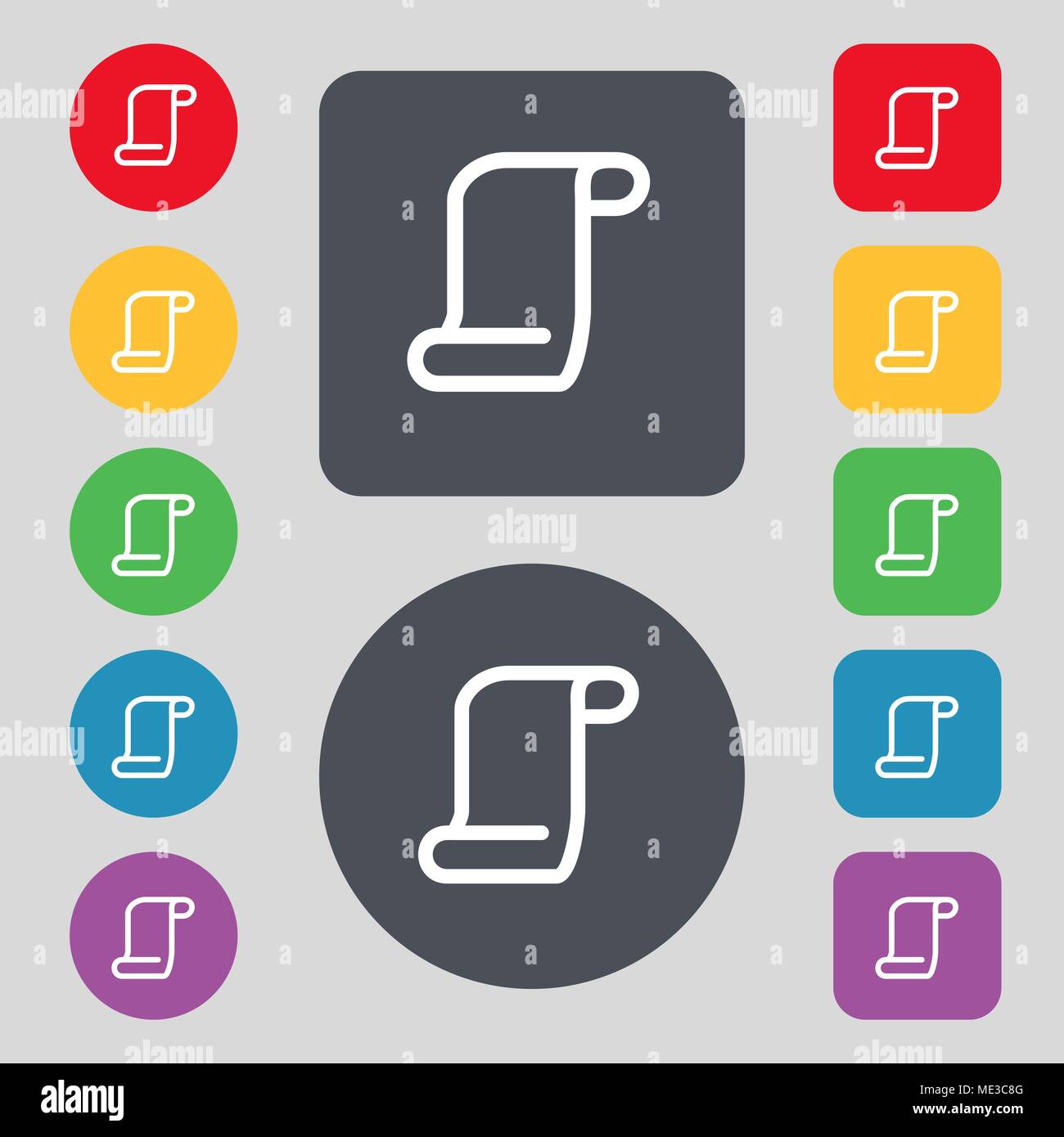 paper scroll icon sign. A set of 12 colored buttons. Flat design ...