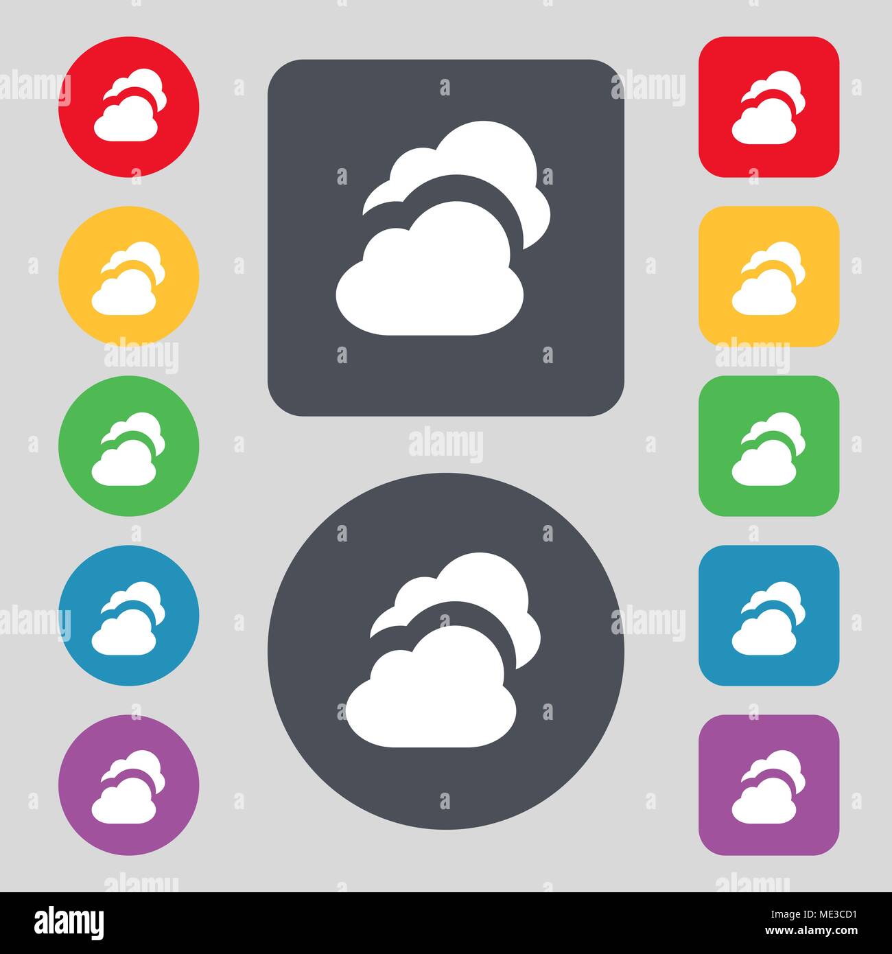 Cloud icon sign. A set of 12 colored buttons. Flat design. Vector ...