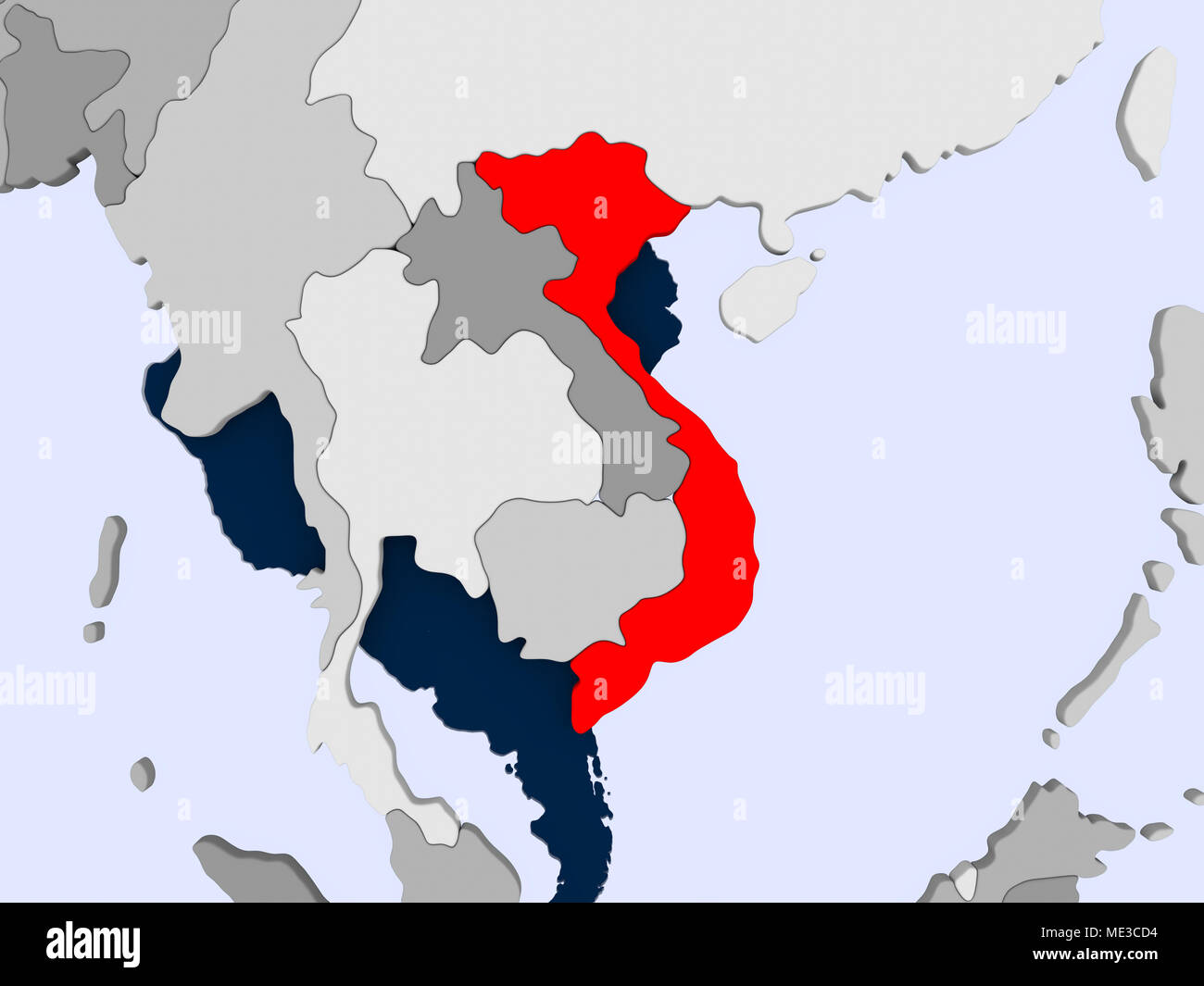 Vietnam in red on political map with transparent oceans. 3D ...