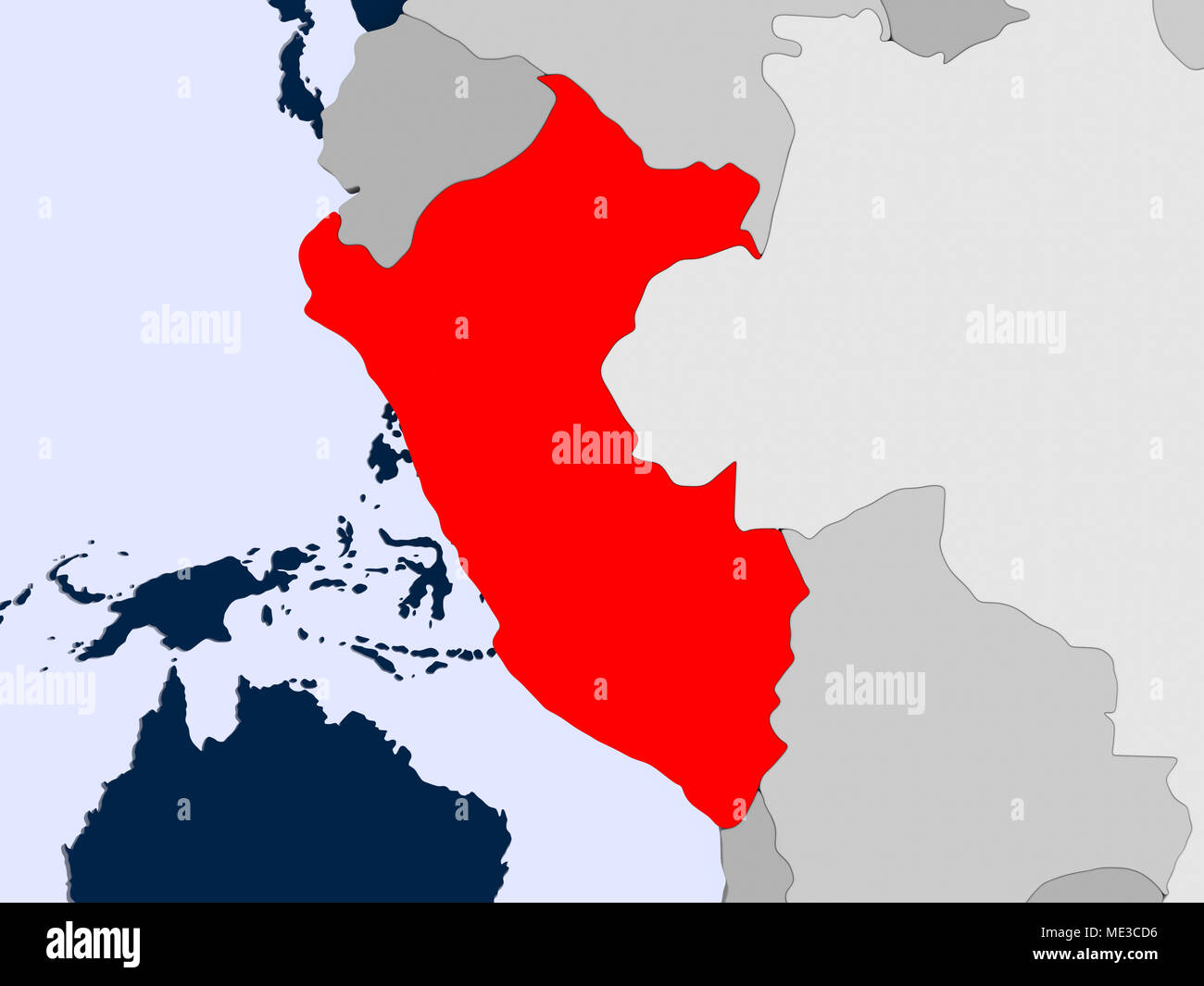 Peru in red on political map with transparent oceans. 3D illustration ...