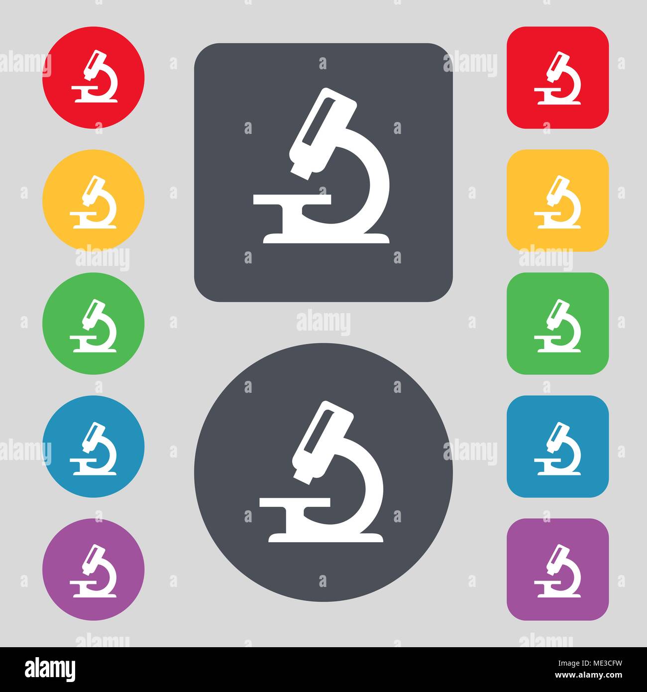 microscope icon sign. A set of 12 colored buttons. Flat design. Vector ...