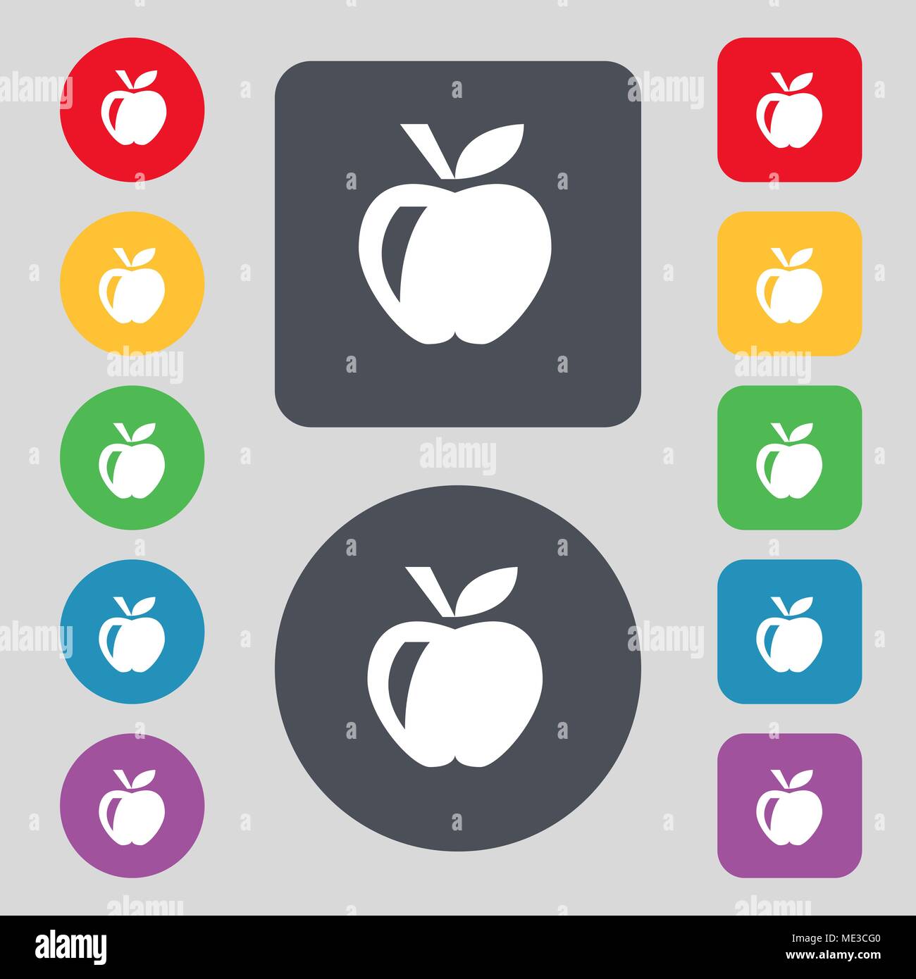 Apple icon sign. A set of 12 colored buttons. Flat design. Vector ...