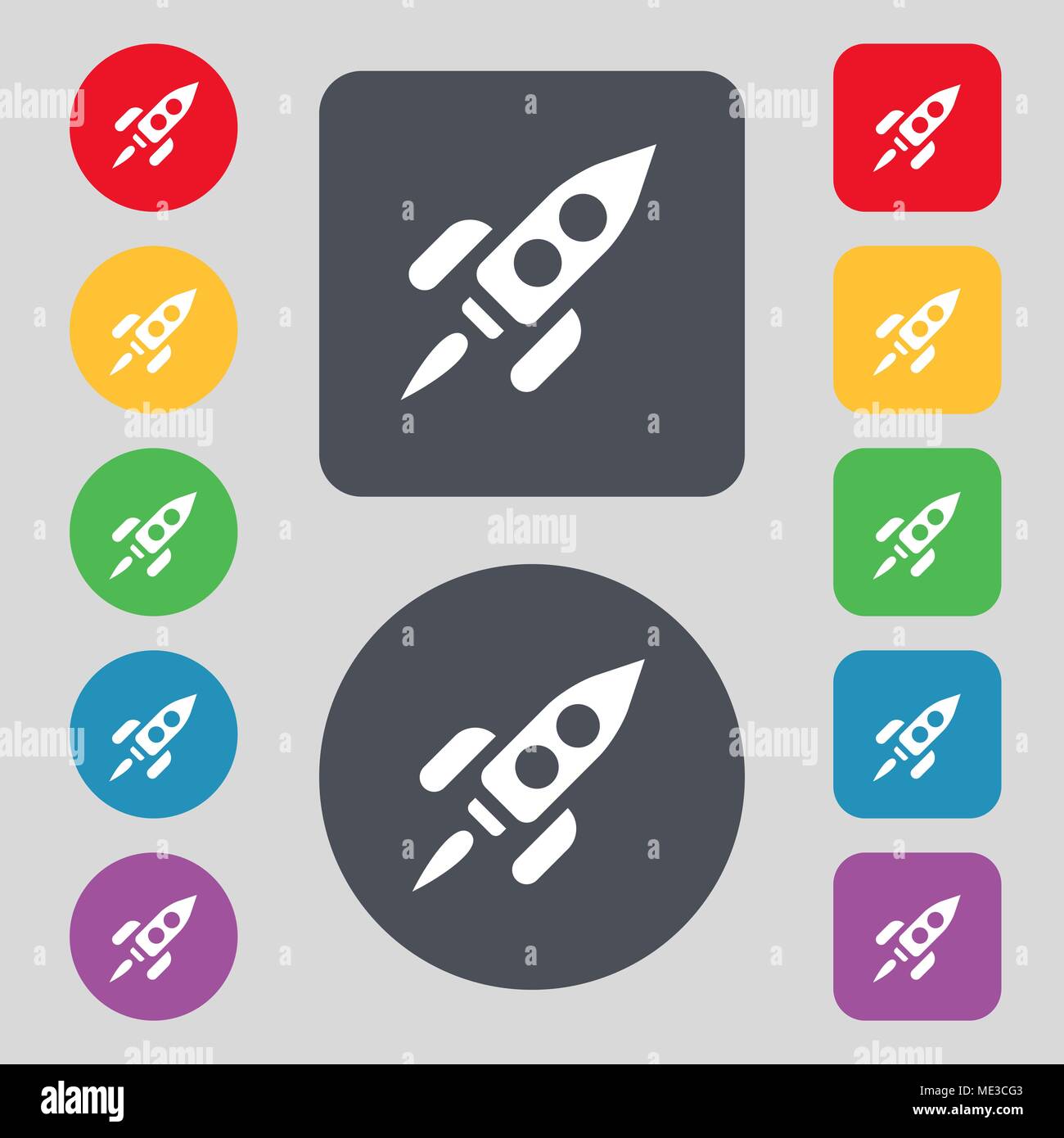 Rocket icon sign. A set of 12 colored buttons. Flat design. Vector ...