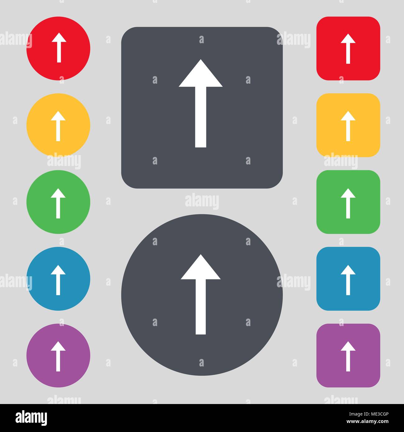 Direction arrow up icon sign. A set of 12 colored buttons. Flat design ...