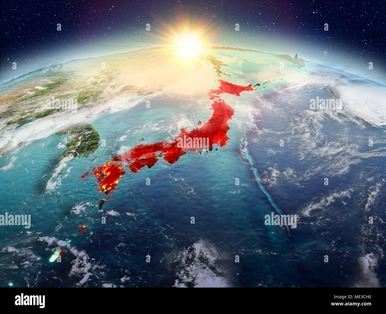 Satellite view of Japan highlighted in red on planet Earth with clouds ...