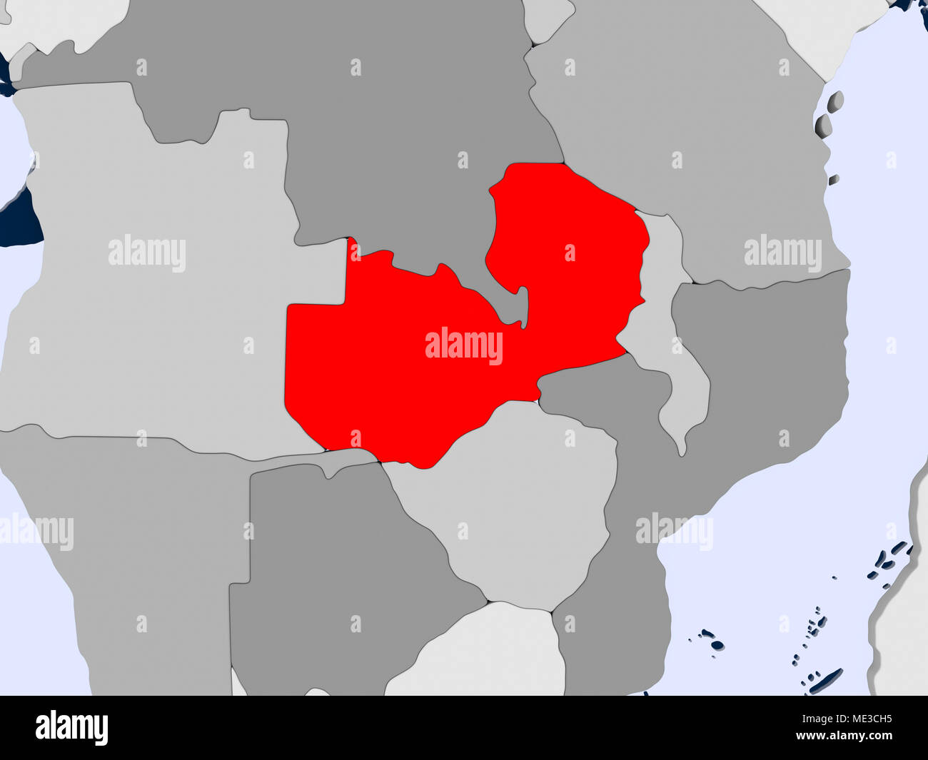 Zambia in red on political map with transparent oceans. 3D illustration ...