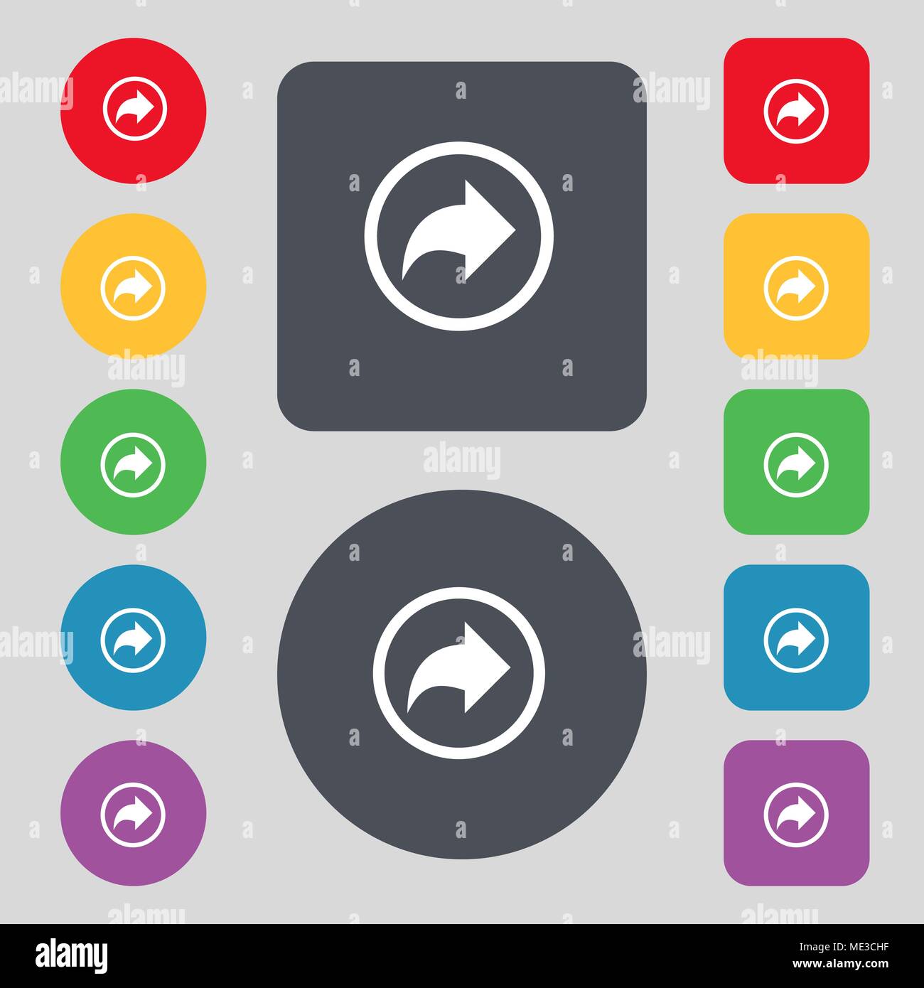Arrow right, Next icon sign. A set of 12 colored buttons. Flat design ...