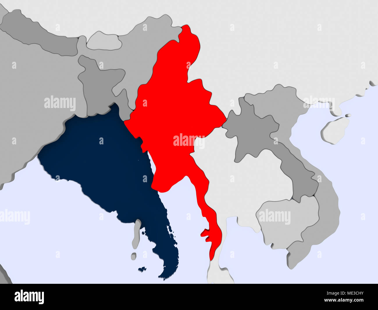 Myanmar in red on political map with transparent oceans. 3D ...
