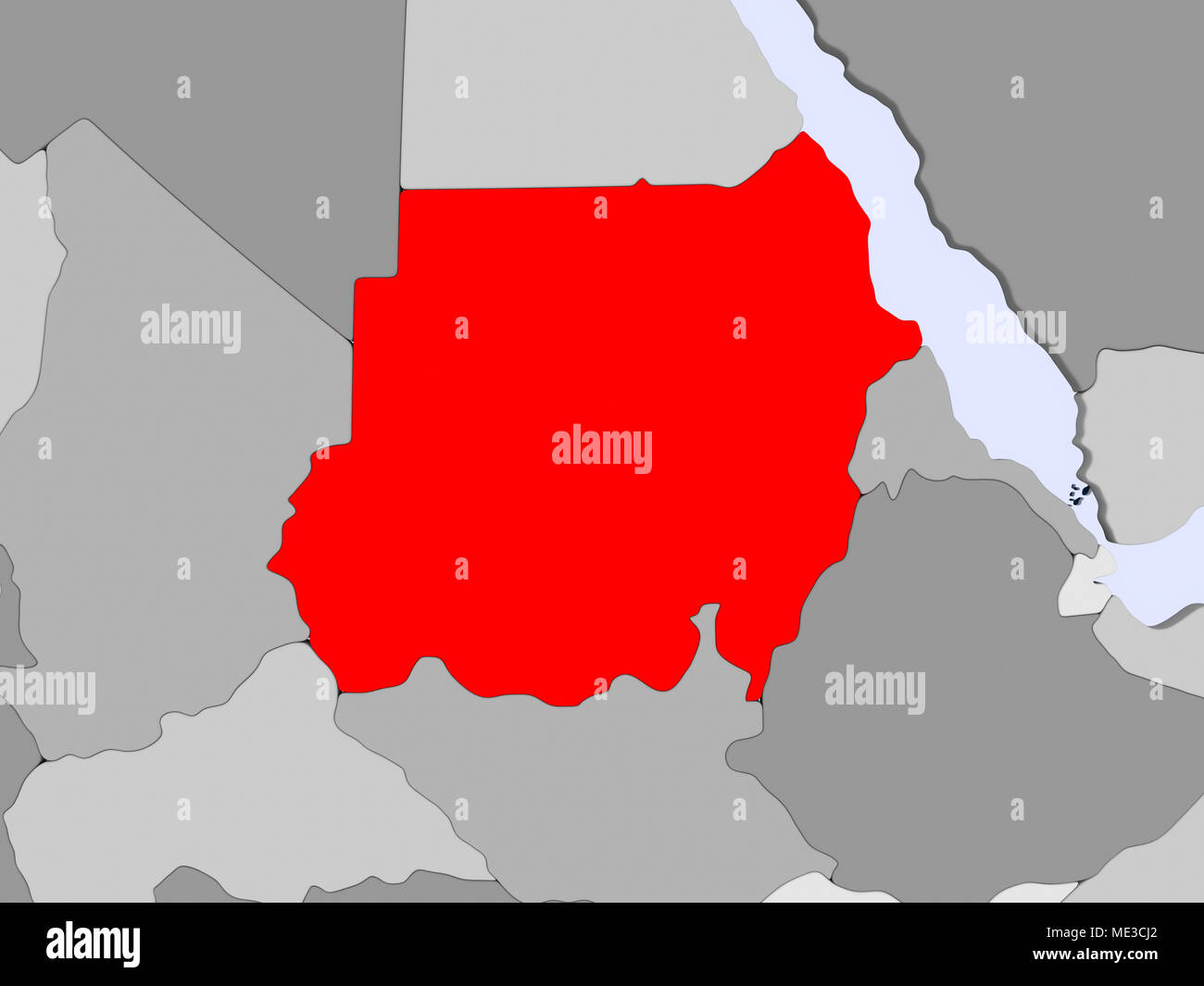 Sudan in red on political map with transparent oceans. 3D illustration ...