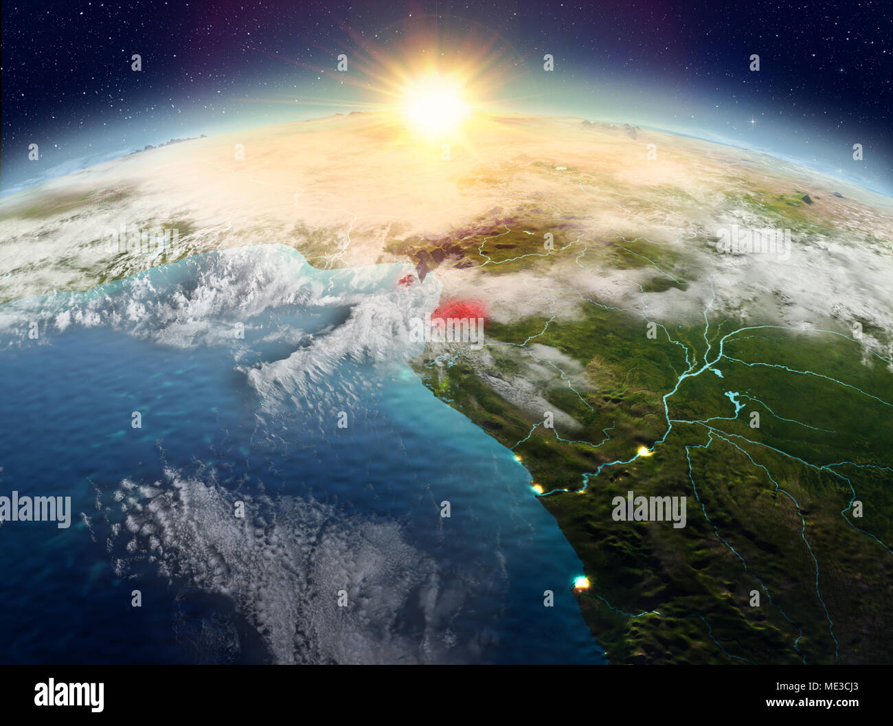 Satellite view of Equatorial Guinea highlighted in red on planet Earth ...