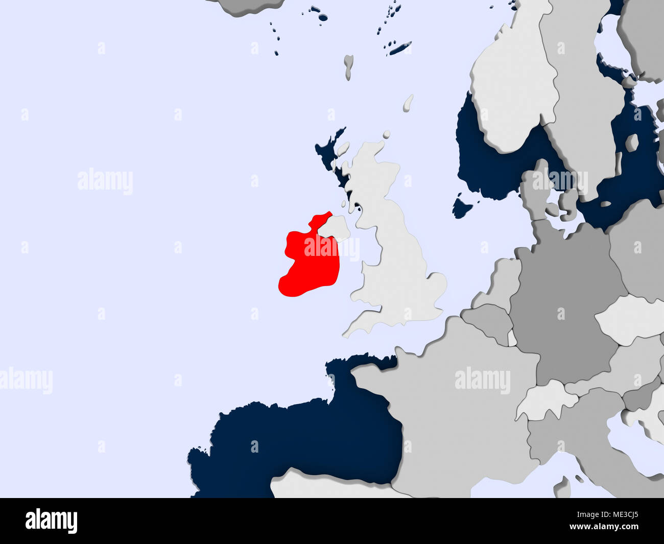 Ireland in red on political map with transparent oceans. 3D ...