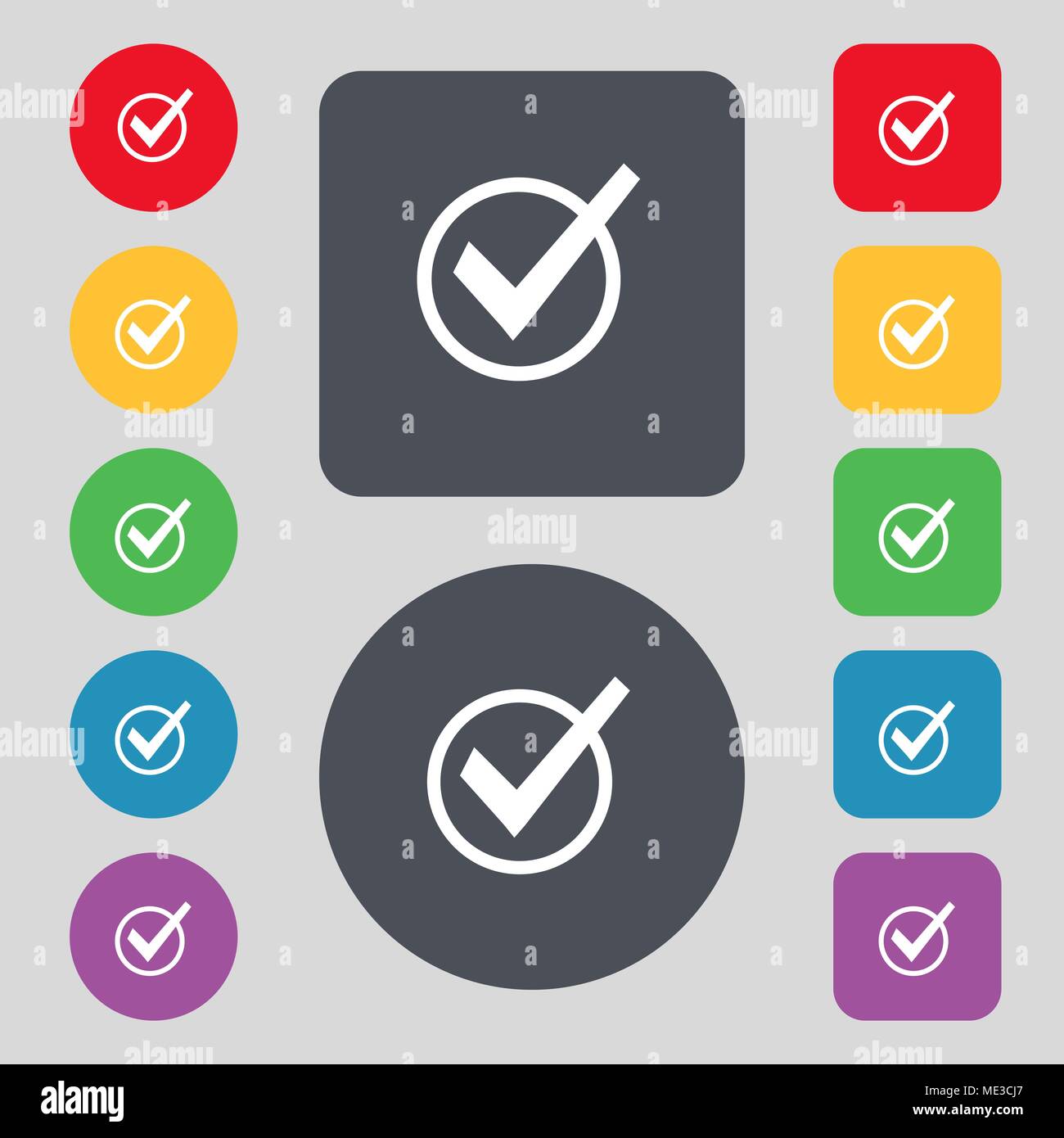 Check mark, tik icon sign. A set of 12 colored buttons. Flat design. Vector illustration Stock ...