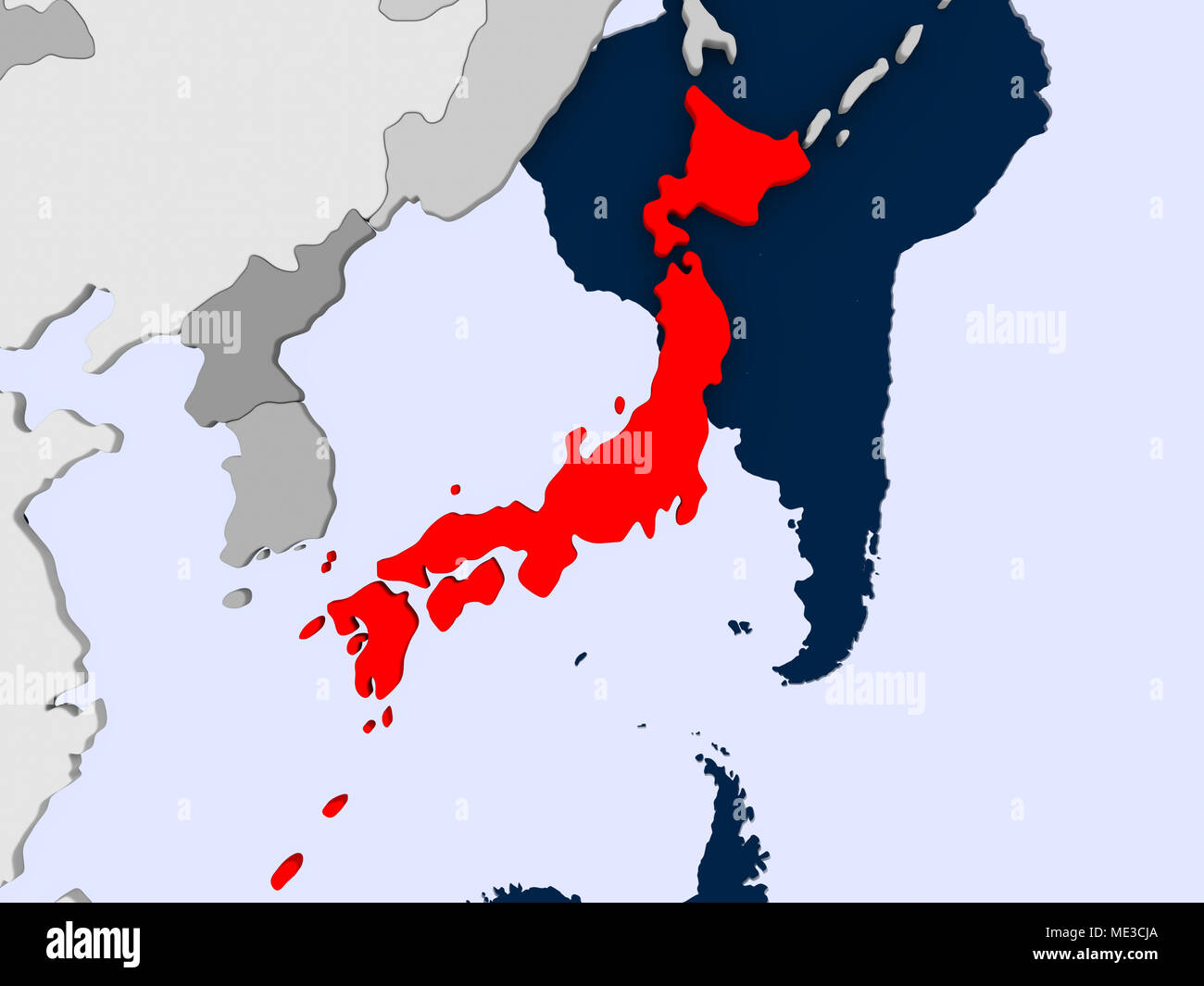 Japan in red on political map with transparent oceans. 3D illustration ...