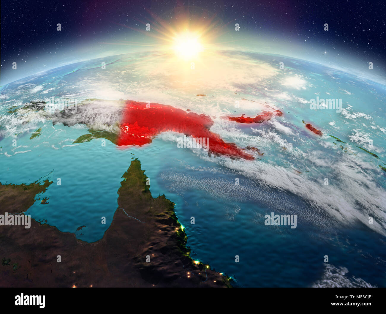 Satellite view of Papua New Guinea highlighted in red on planet Earth with clouds during sunrise ...