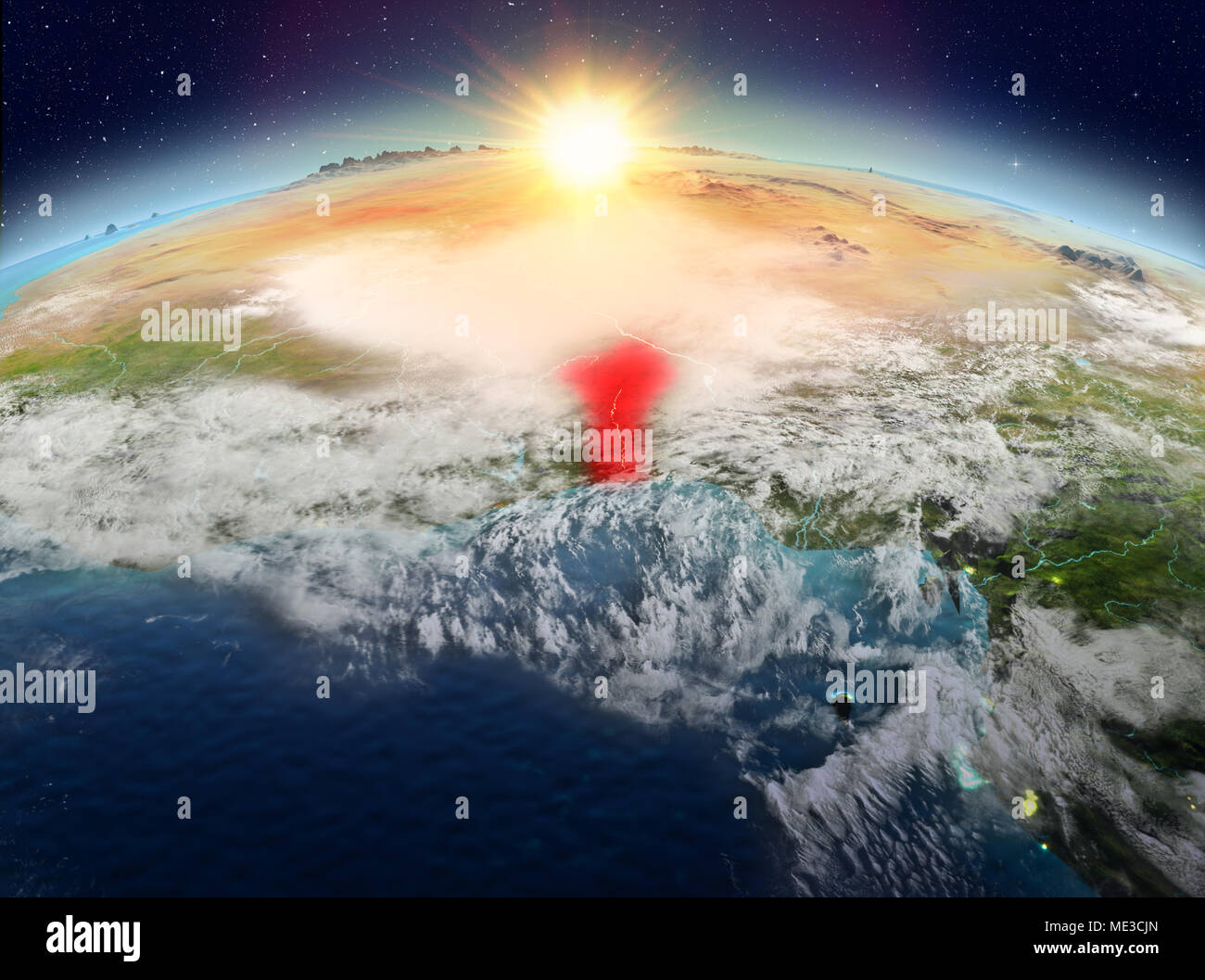 Satellite view of Benin highlighted in red on planet Earth with clouds during sunrise. 3D ...