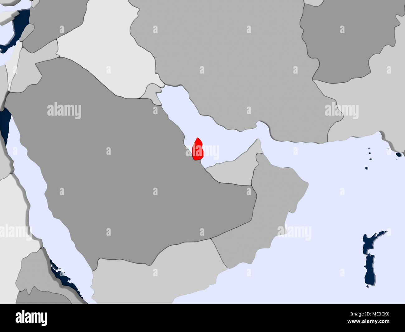 Qatar in red on political map with transparent oceans. 3D illustration ...