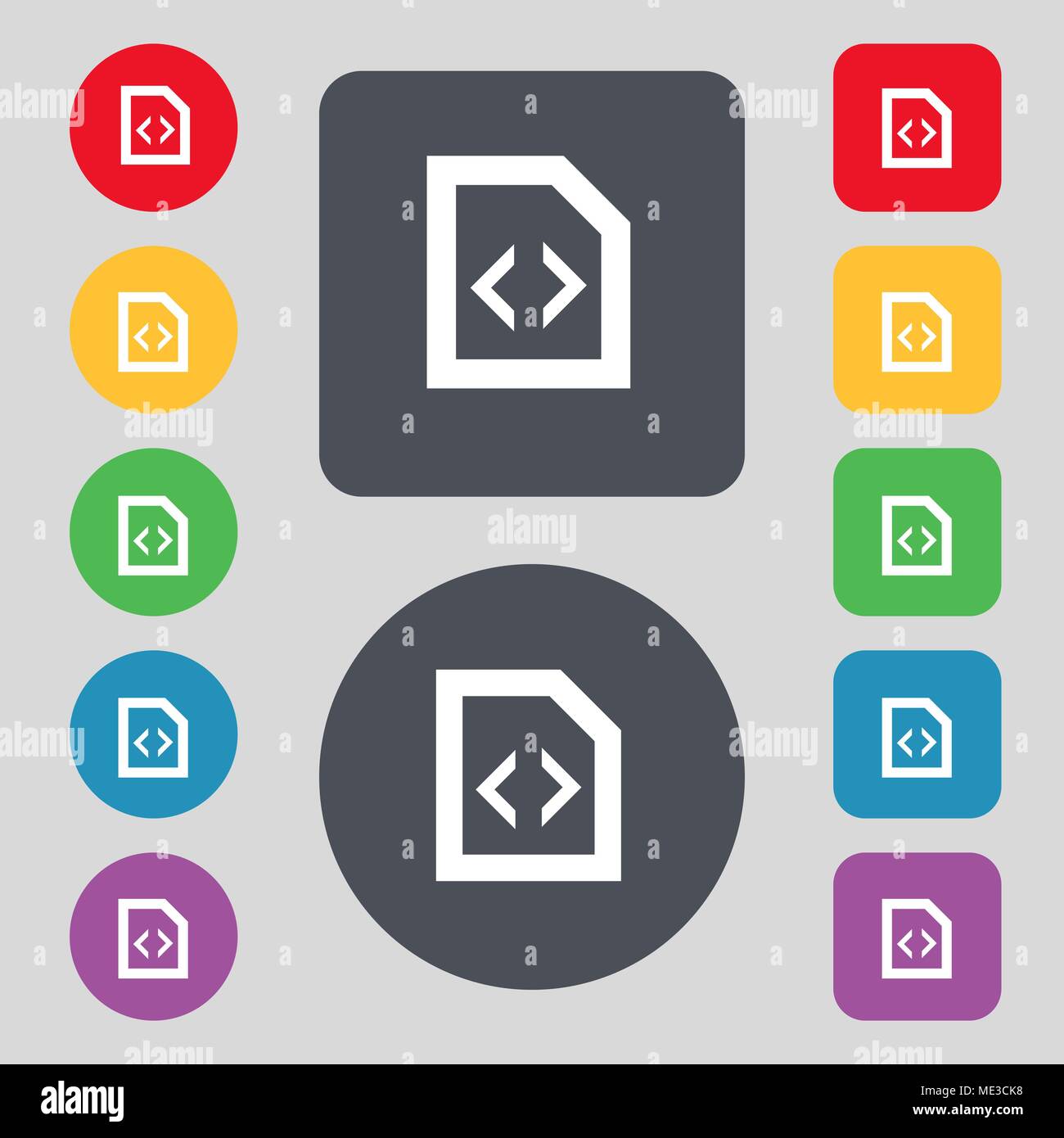 Programming code icon sign. A set of 12 colored buttons. Flat design ...