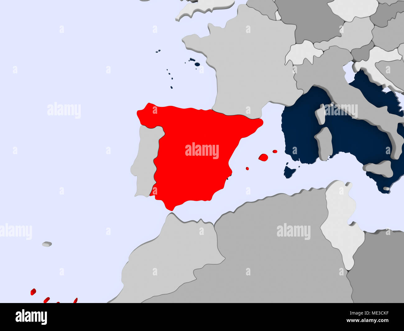 Spain in red on political map with transparent oceans. 3D illustration ...