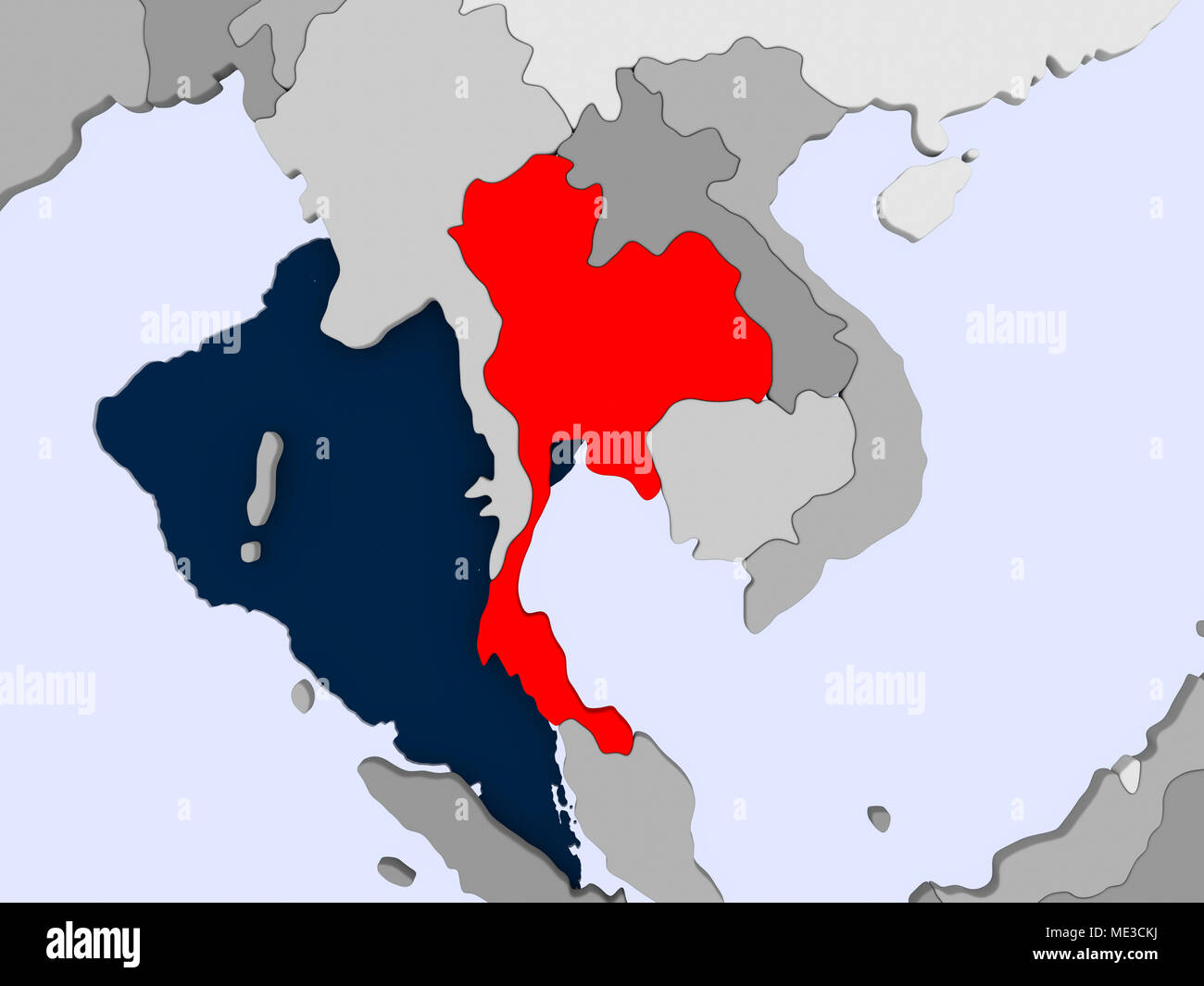 Thailand in red on political map with transparent oceans. 3D ...
