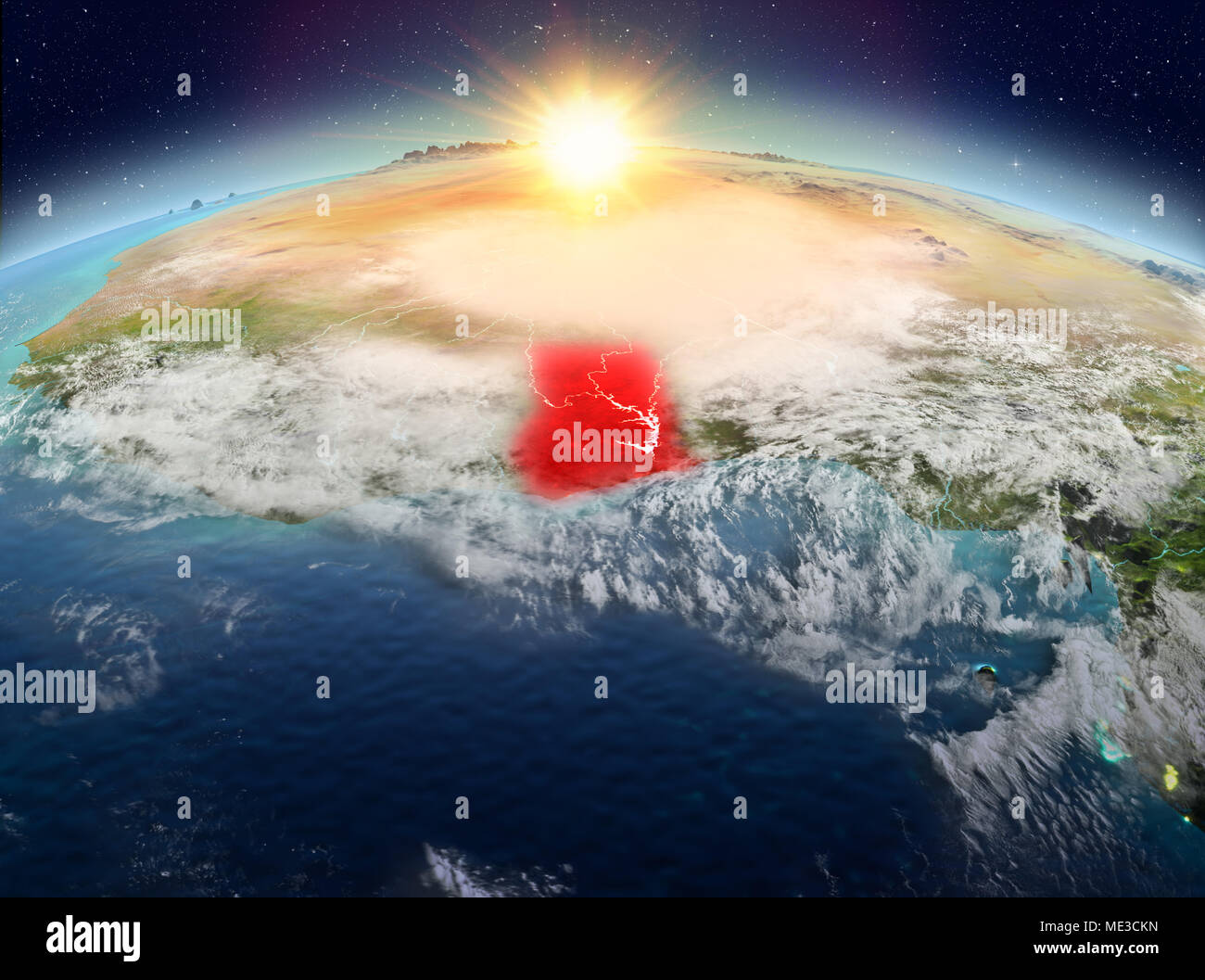 Satellite view of Ghana highlighted in red on planet Earth with clouds ...