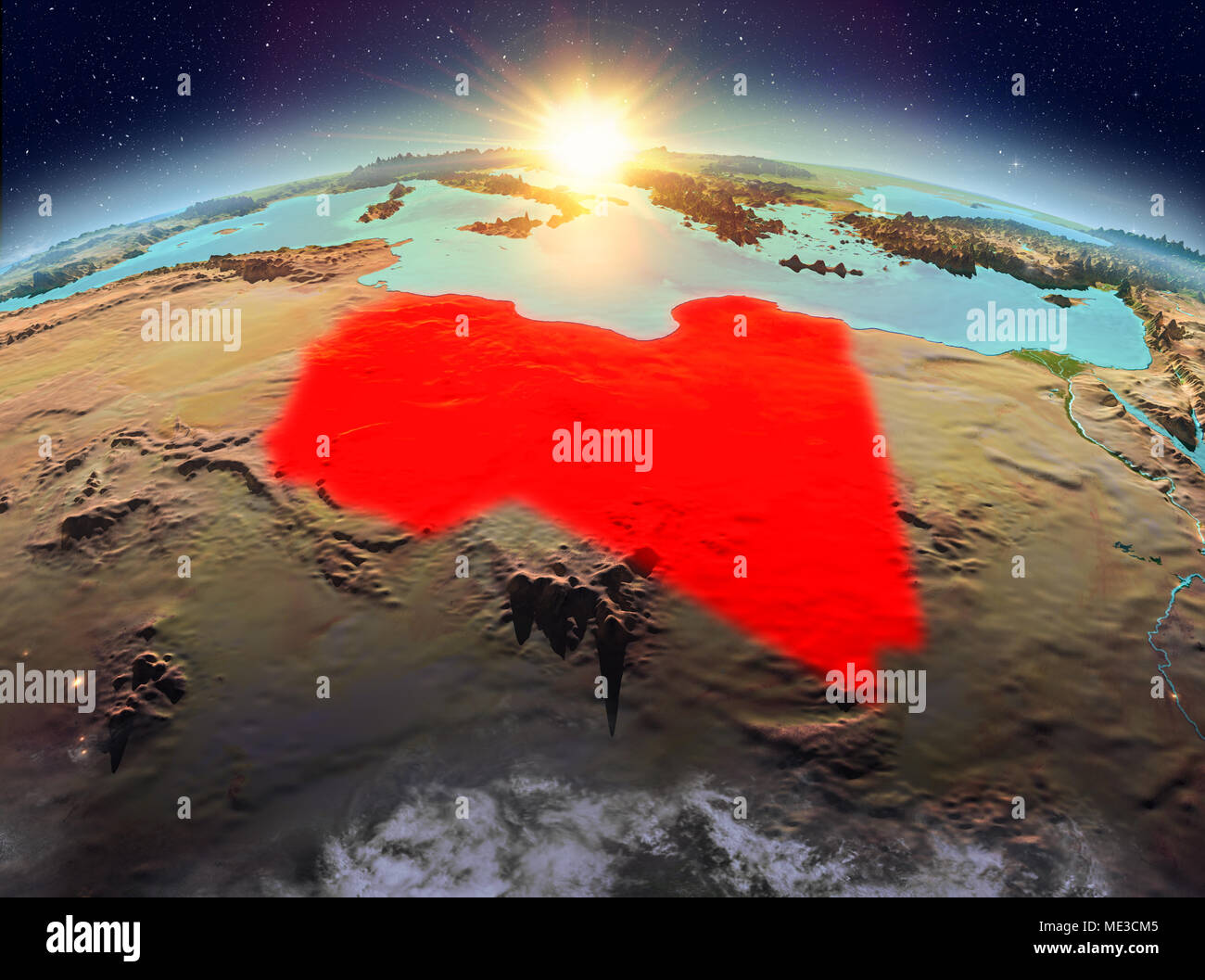 Satellite view of Libya highlighted in red on planet Earth with clouds ...