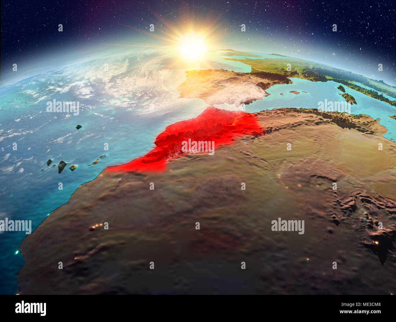 Satellite view of Morocco highlighted in red on planet Earth with ...