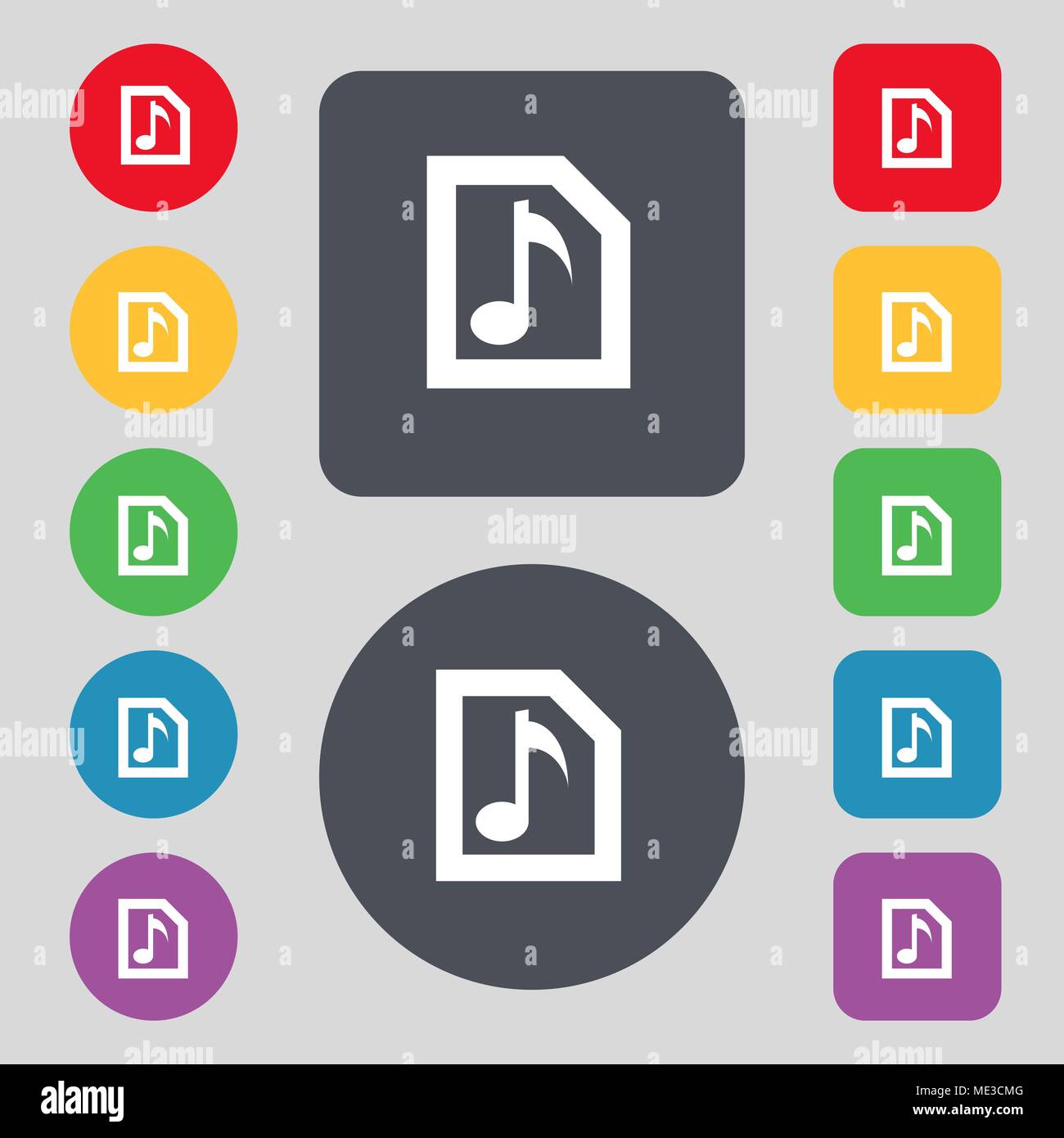 Audio, MP3 file icon sign. A set of 12 colored buttons. Flat design ...