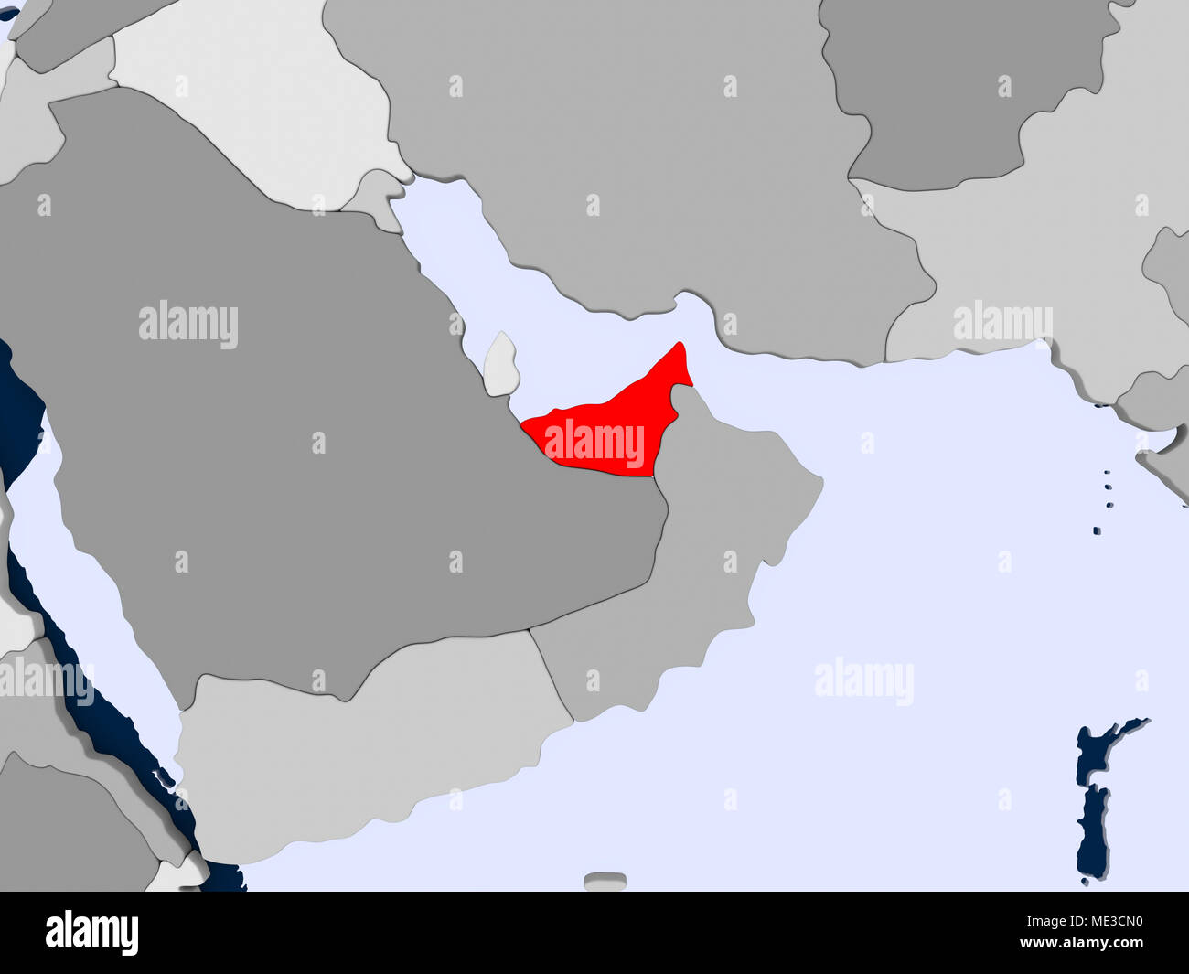 United Arab Emirates in red on political map with transparent oceans ...