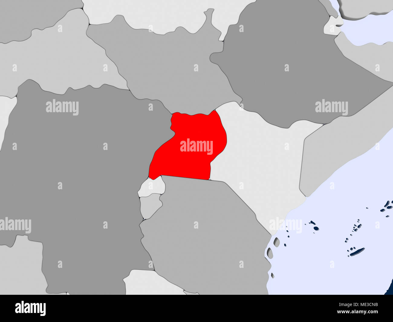 Uganda in red on political map with transparent oceans. 3D illustration ...
