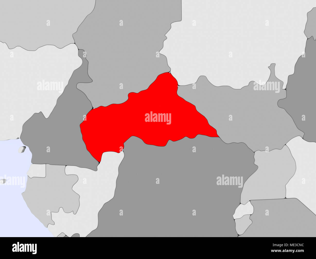 Central Africa in red on political map with transparent oceans. 3D ...