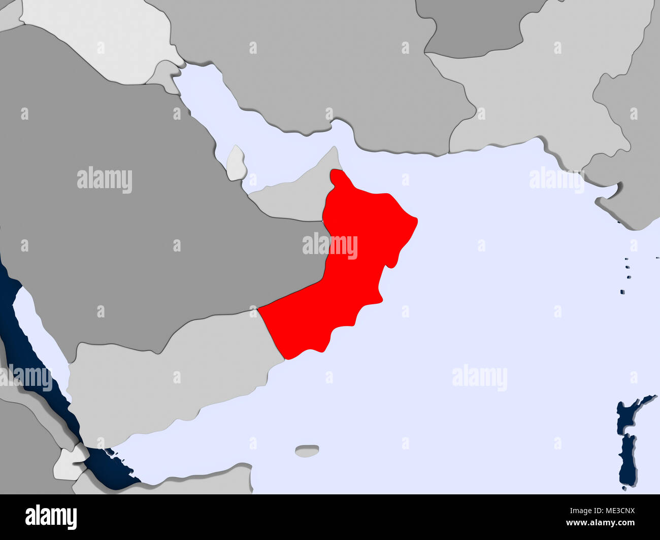 Oman in red on political map with transparent oceans. 3D illustration ...