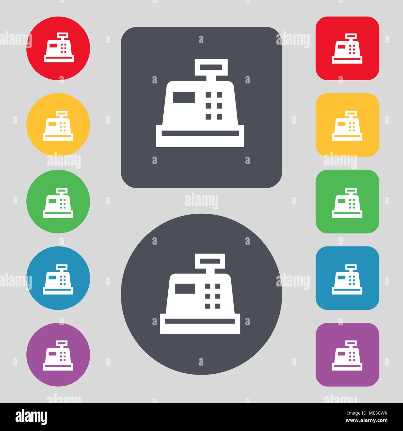 Cash register icon sign. A set of 12 colored buttons. Flat design ...
