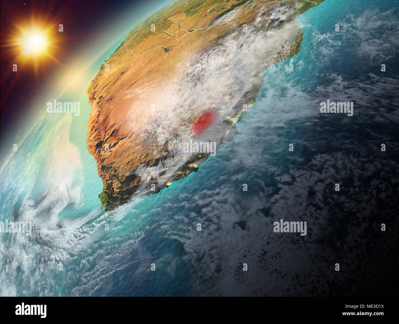 Illustration of Lesotho as seen from Earth’s orbit during sunset. 3D ...