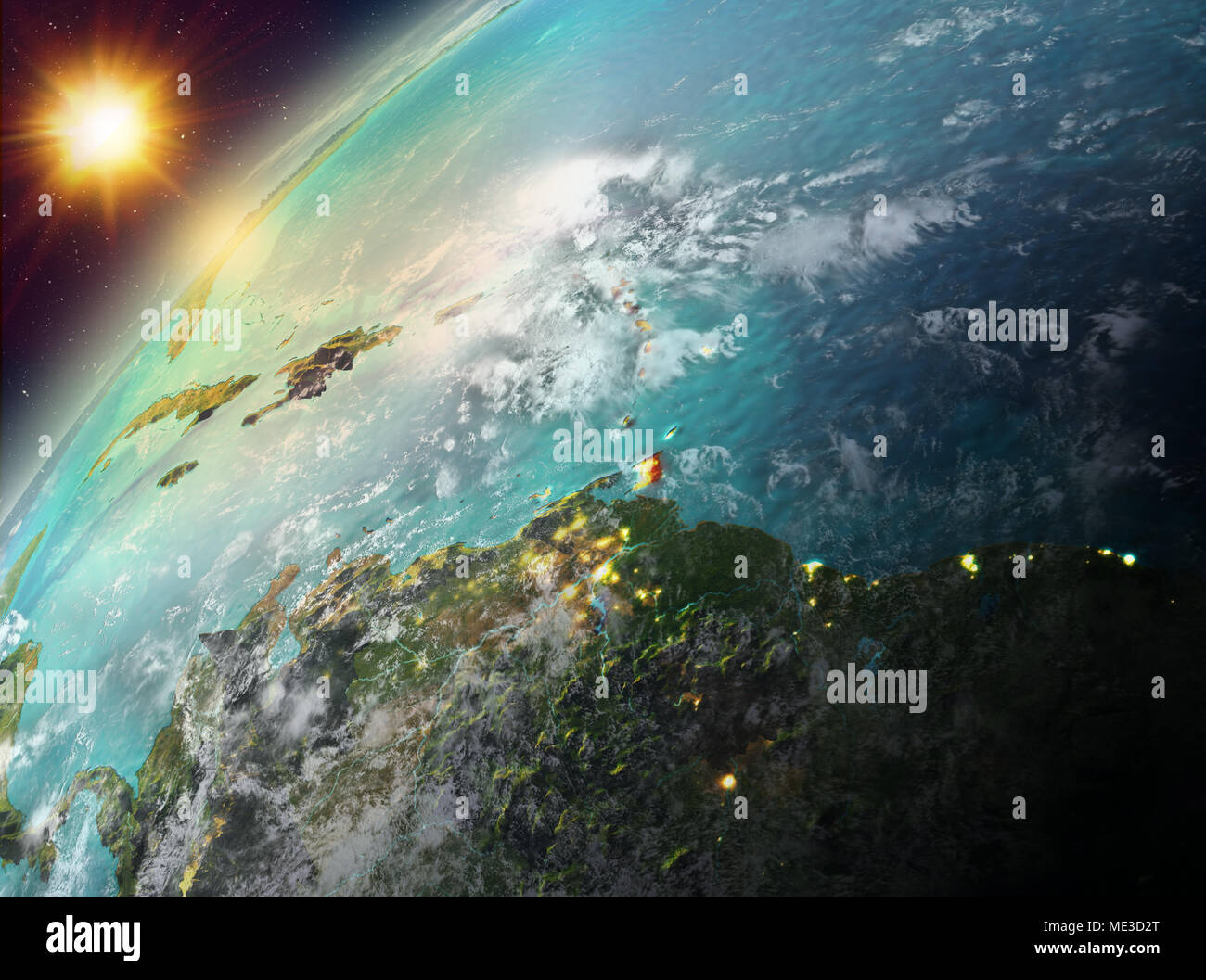 Illustration of Caribbean as seen from Earth’s orbit during sunset. 3D ...