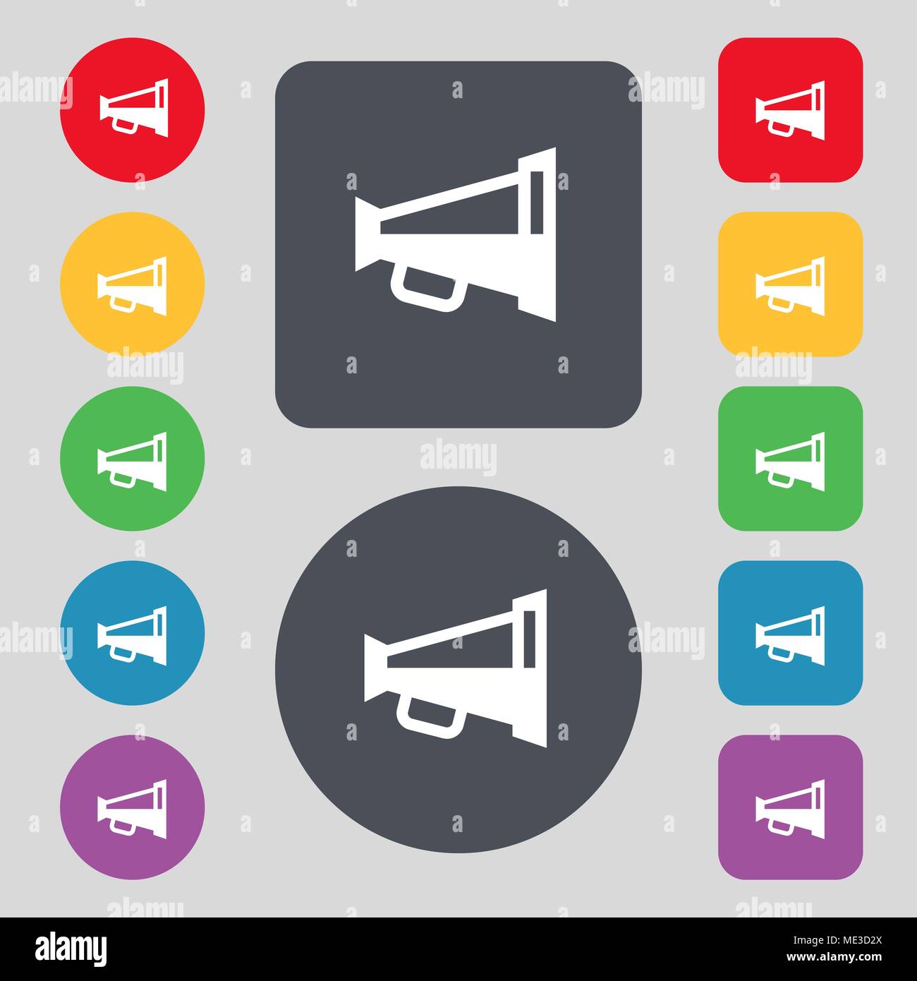 Megaphone soon, Loudspeaker icon sign. A set of 12 colored buttons ...