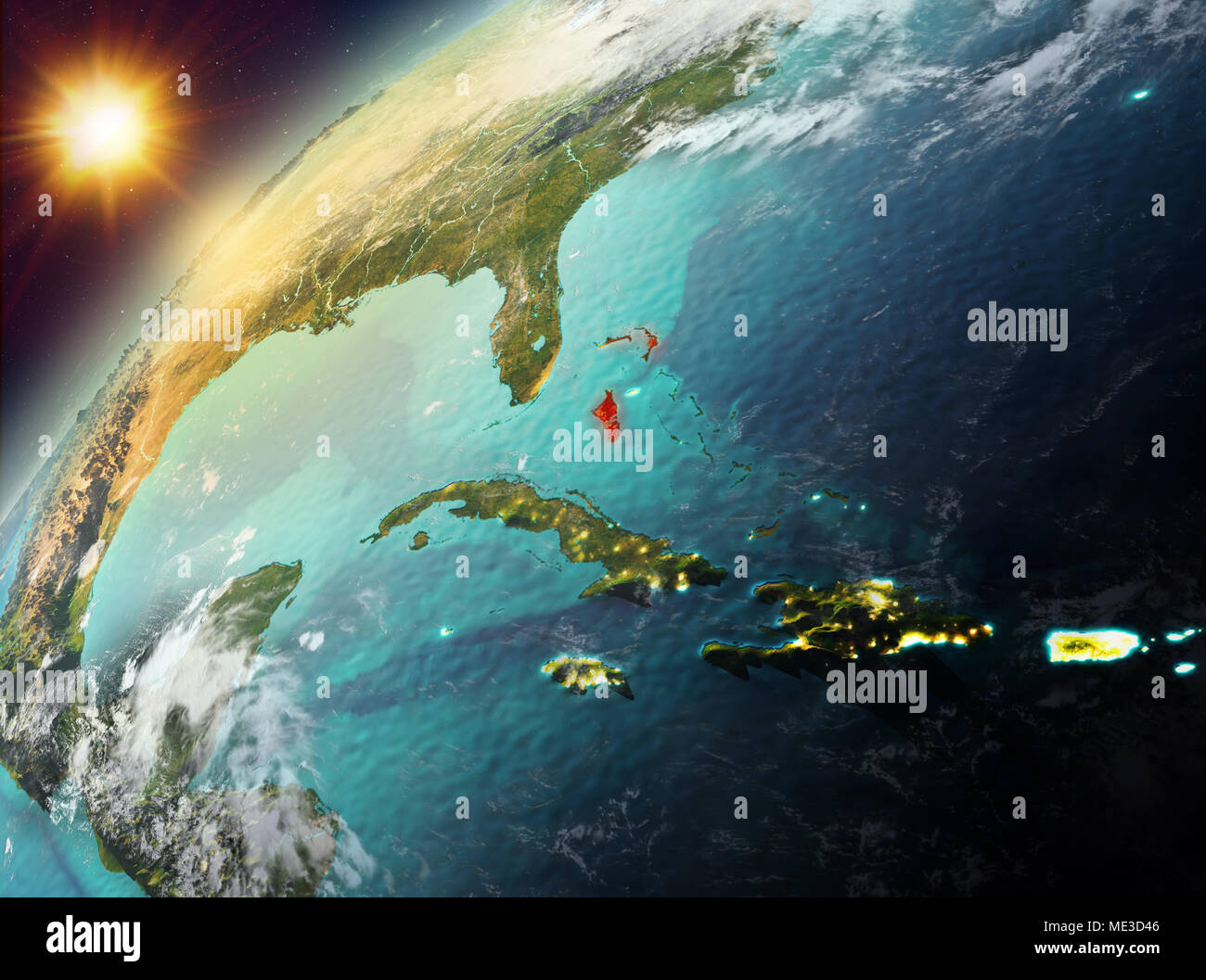 Illustration of Bahamas as seen from Earth’s orbit during sunset. 3D ...
