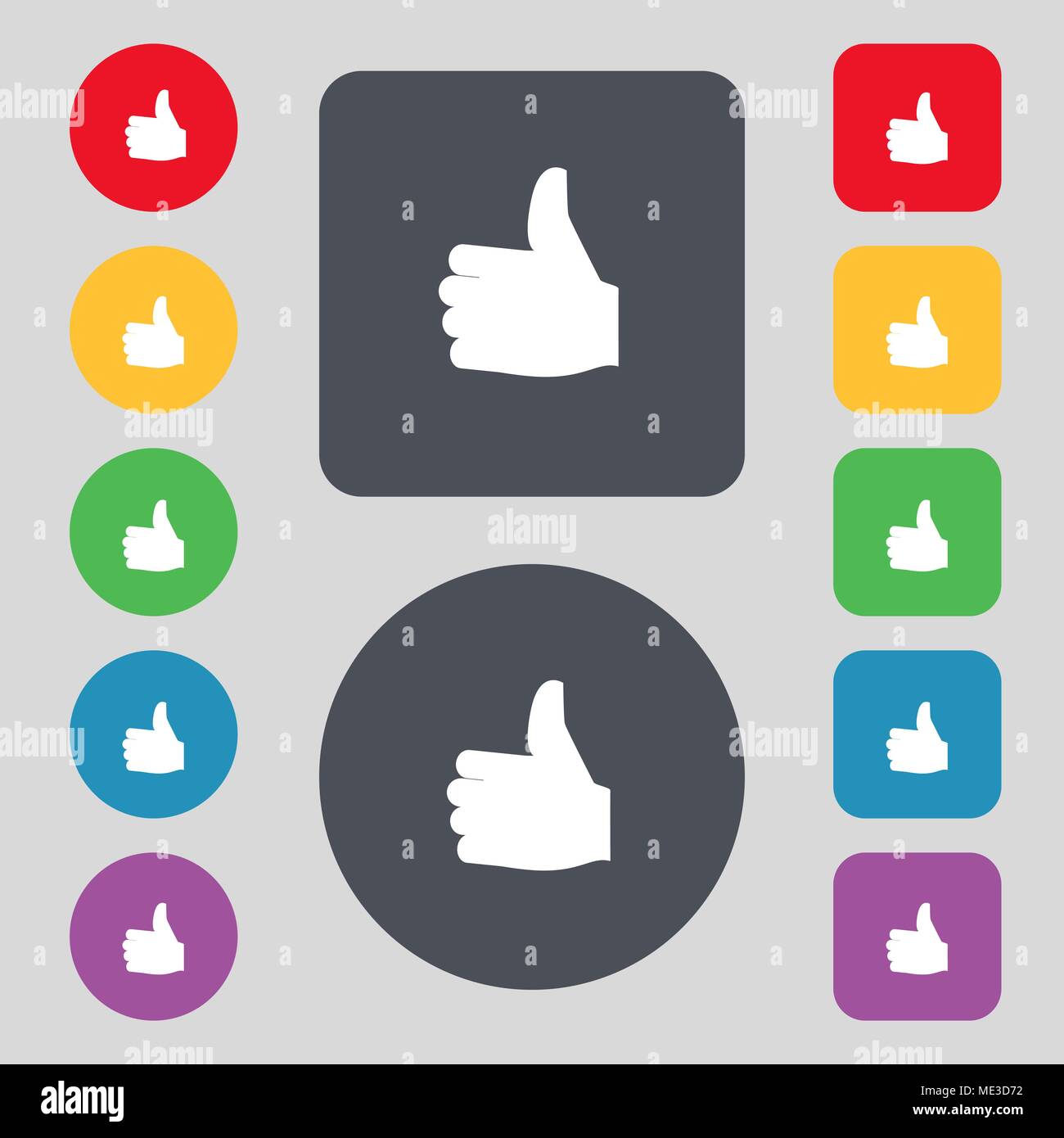 Like, Thumb up icon sign. A set of 12 colored buttons. Flat design ...