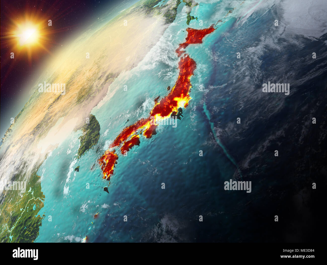 Illustration of Japan as seen from Earth’s orbit during sunset. 3D ...