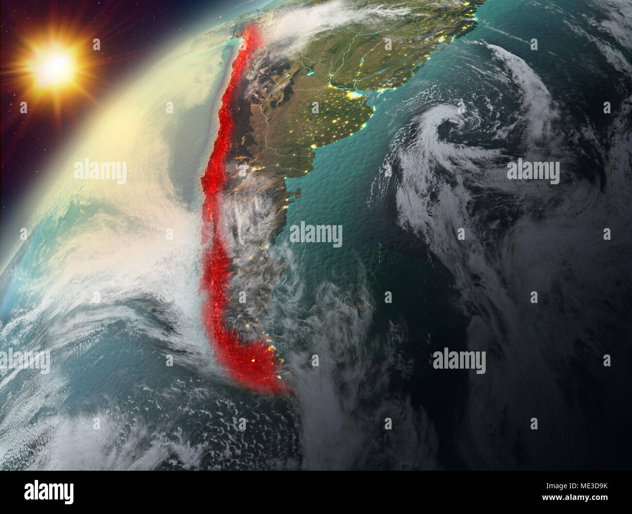 Illustration of Chile as seen from Earth’s orbit during sunset. 3D ...