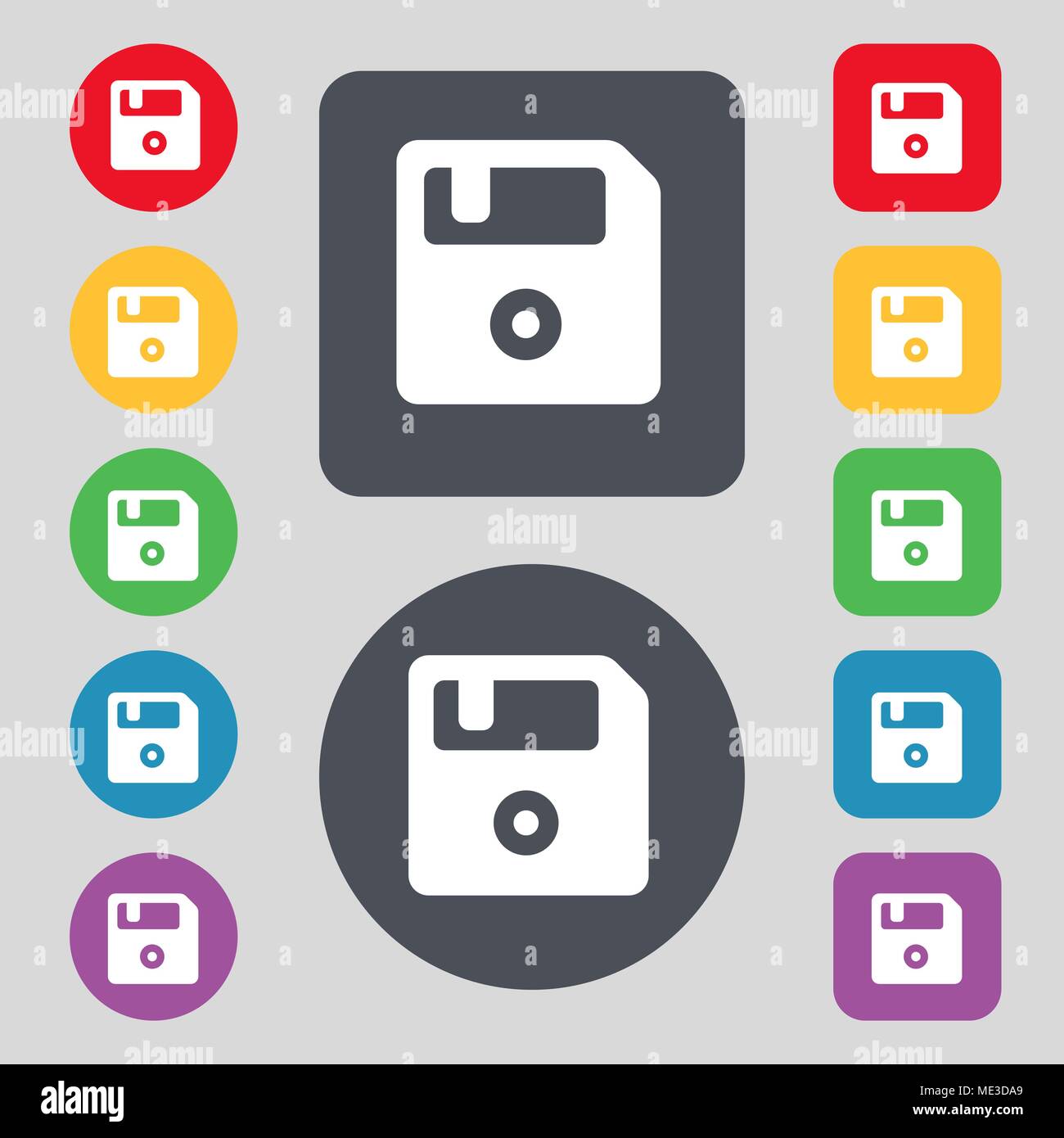 floppy icon sign. A set of 12 colored buttons. Flat design. Vector ...