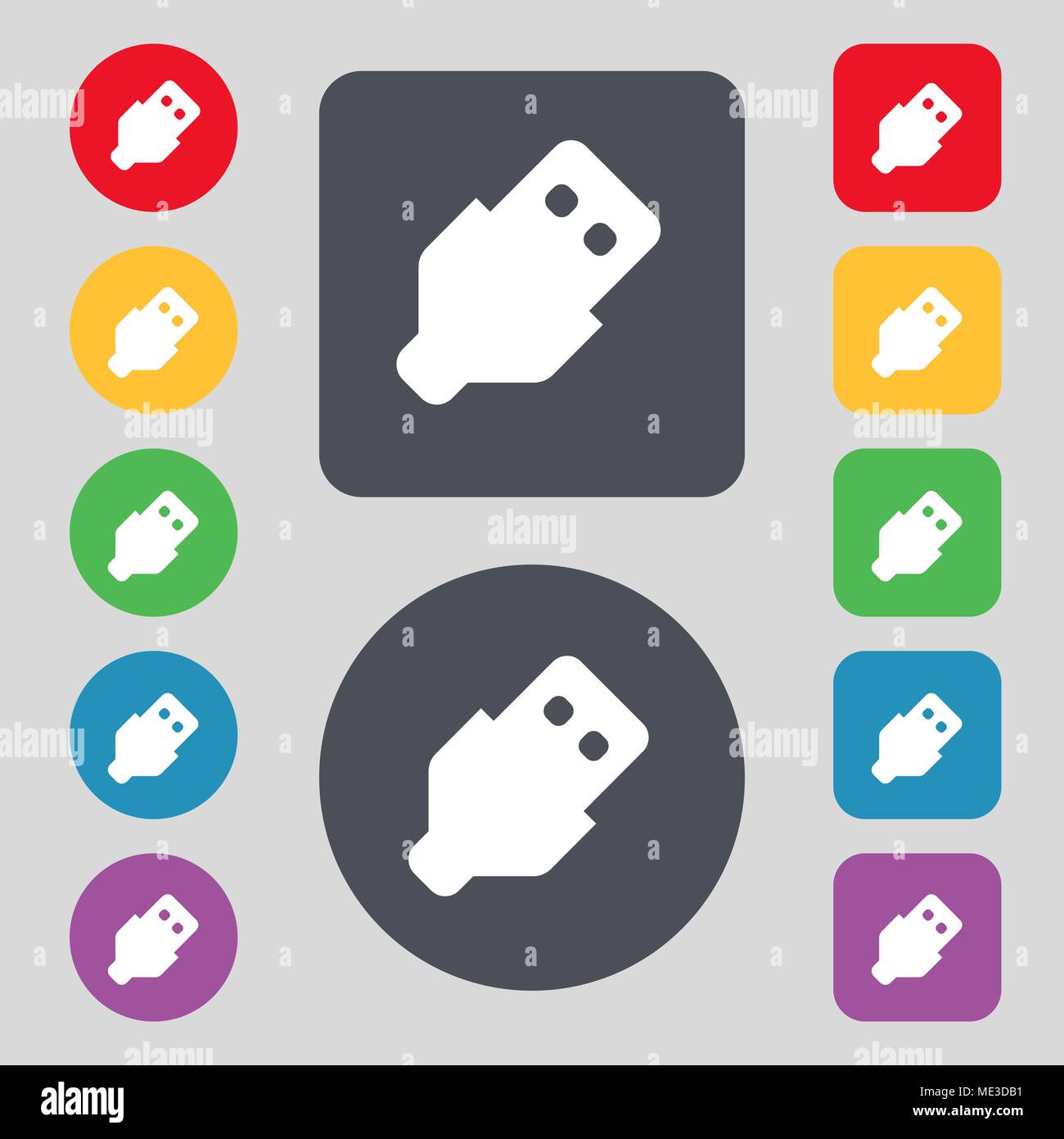 USB icon sign. A set of 12 colored buttons. Flat design. Vector ...