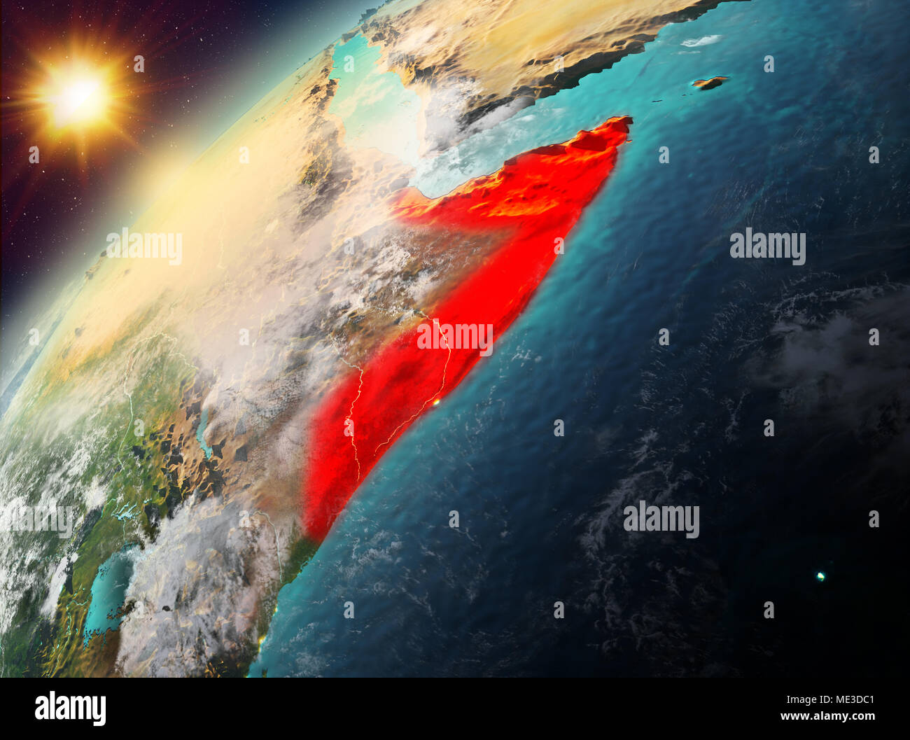 Illustration of Somalia as seen from Earth’s orbit during sunset. 3D ...