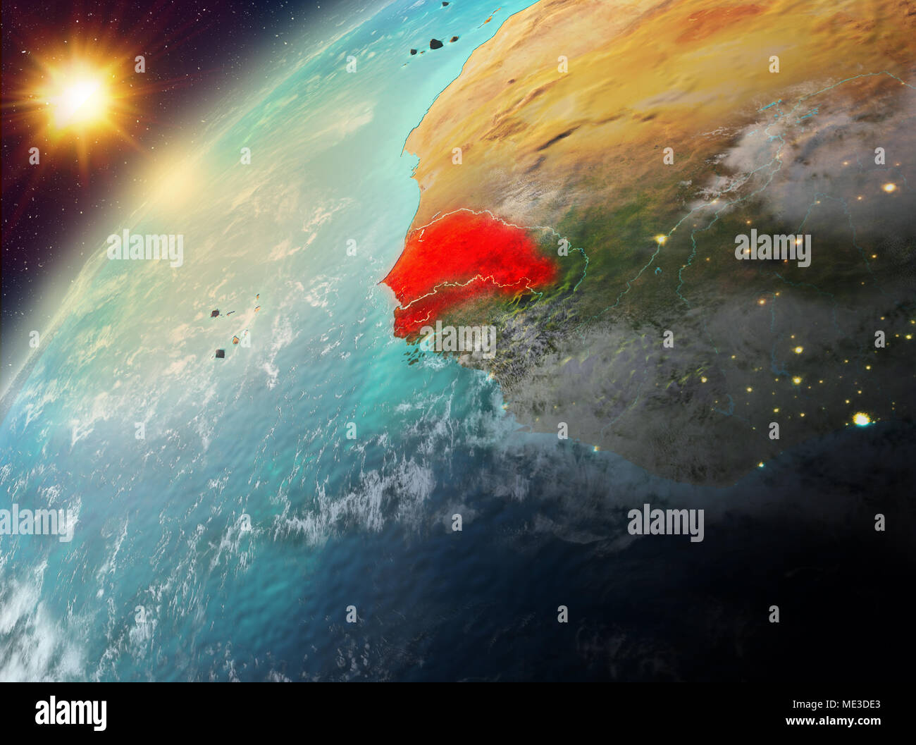 Illustration of Senegal as seen from Earth’s orbit during sunset. 3D ...