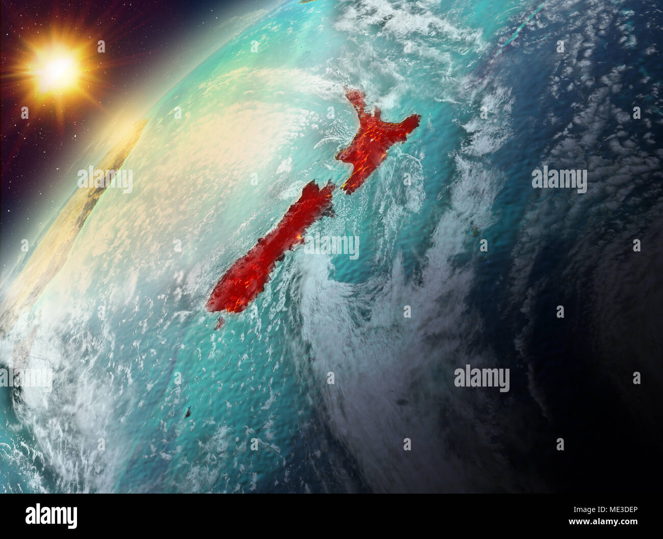 Illustration of New Zealand as seen from Earth’s orbit during sunset ...