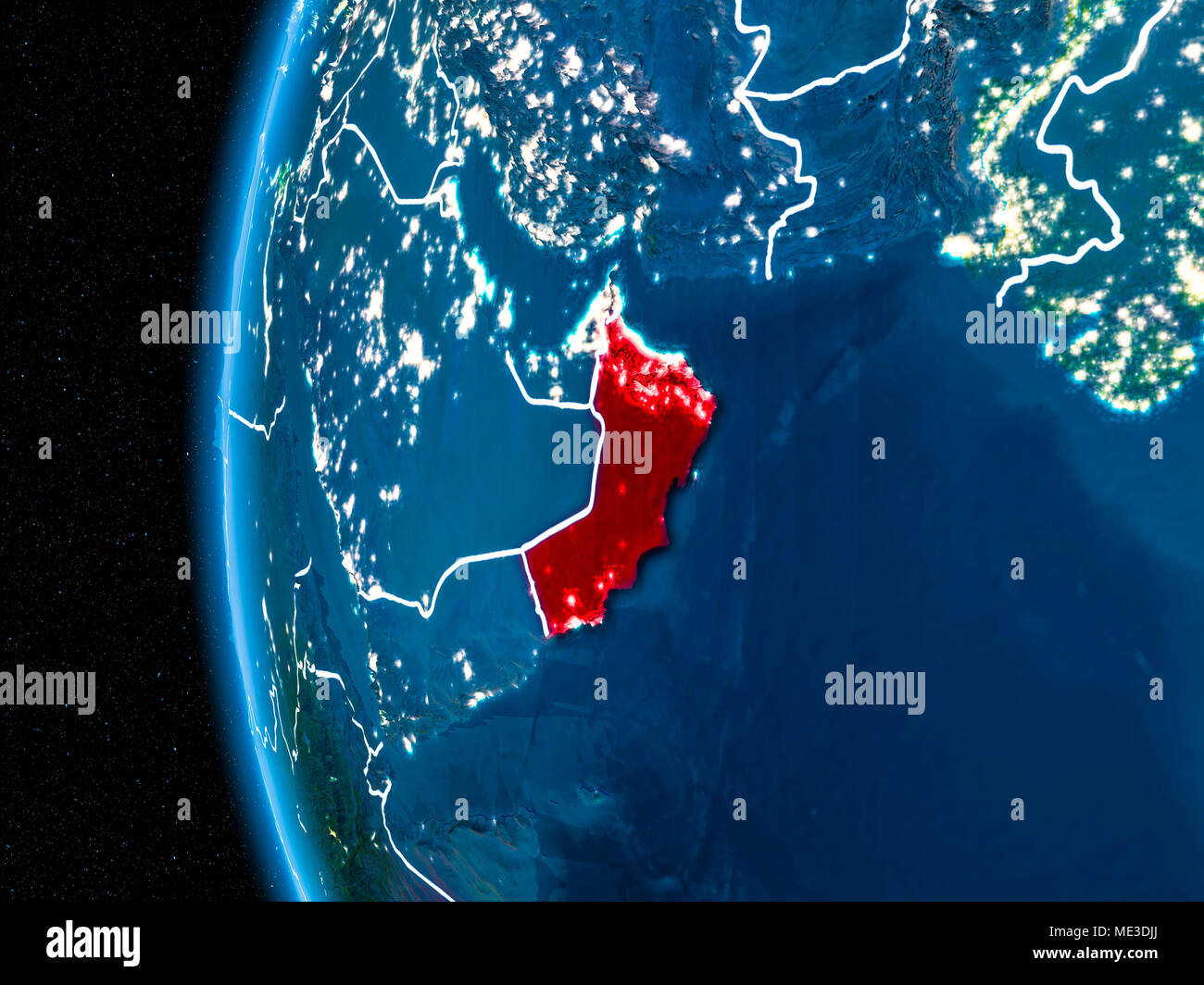 Space orbit view of Oman highlighted in red on planet Earth at night with visible country ...
