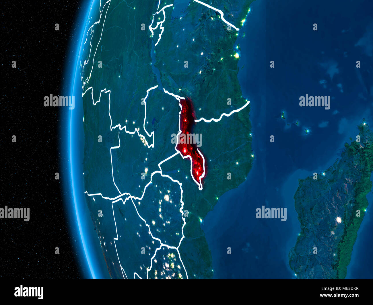 Space orbit view of Malawi highlighted in red on planet Earth at night with visible country ...